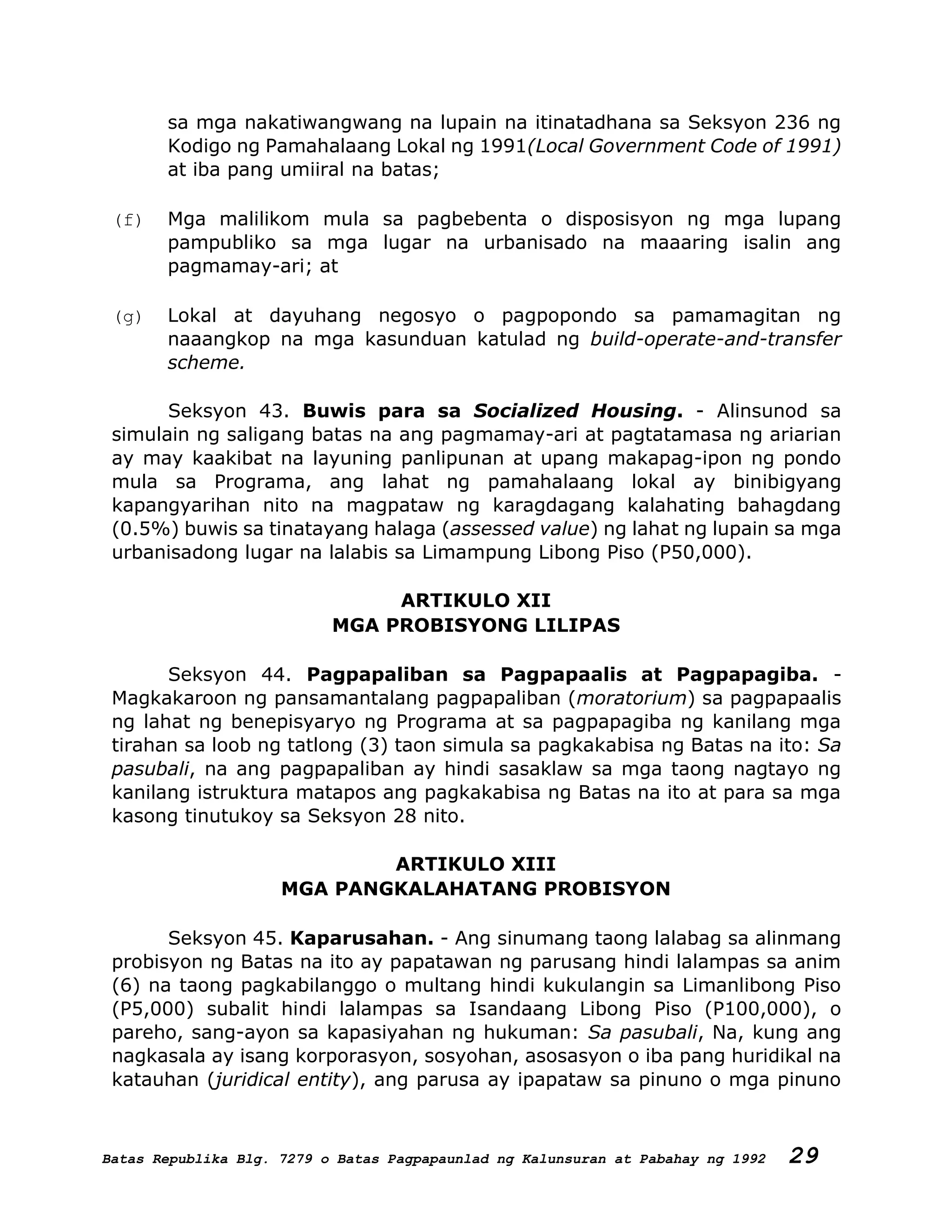 Batas Republika Blg. 7279, na huling sinusugan ng Batas Republika Blg ...