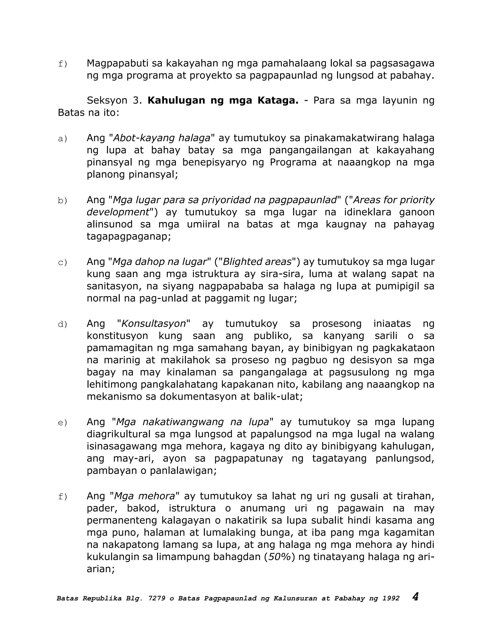 Batas Republika Blg. 7279, na huling sinusugan ng Batas Republika Blg ...