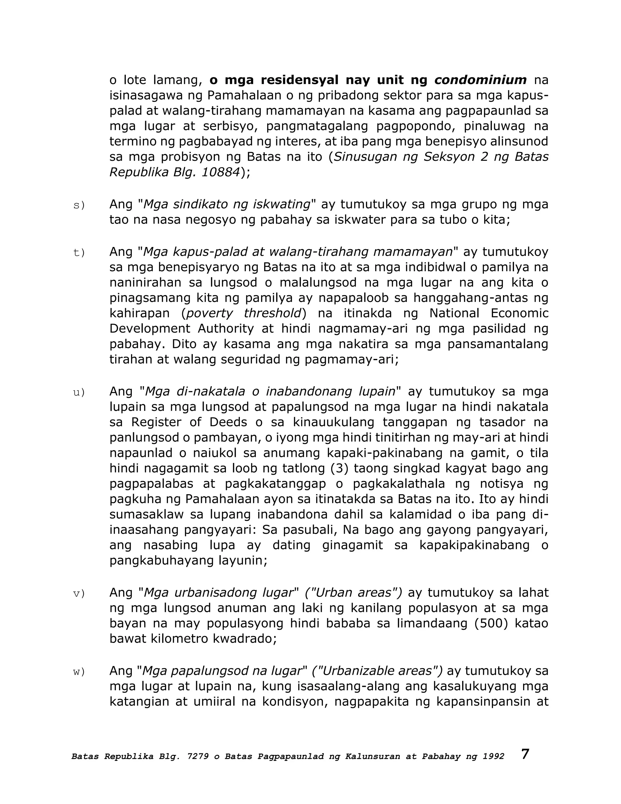 Batas Republika Blg. 7279, na huling sinusugan ng Batas Republika Blg ...