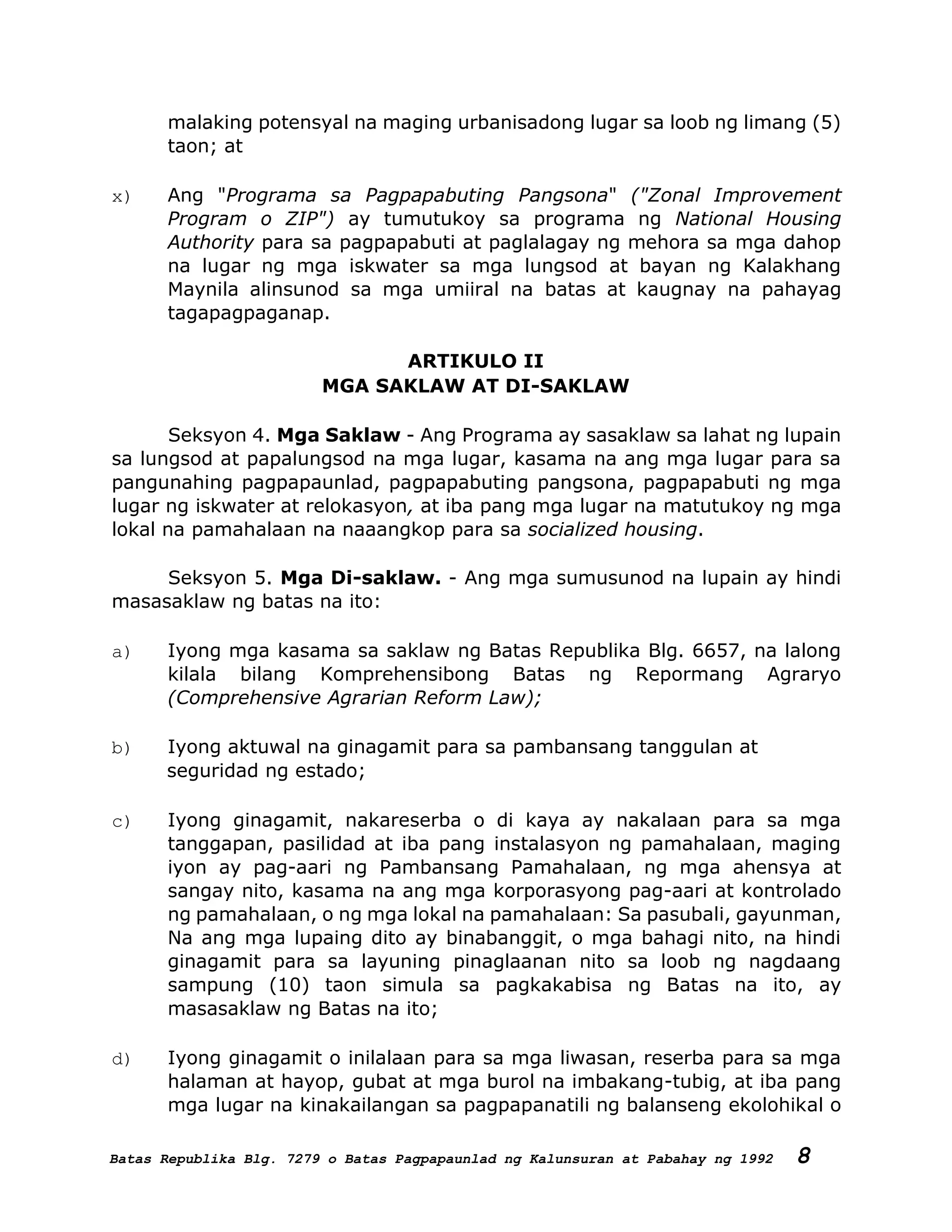 Batas Republika Blg. 7279, na huling sinusugan ng Batas Republika Blg ...