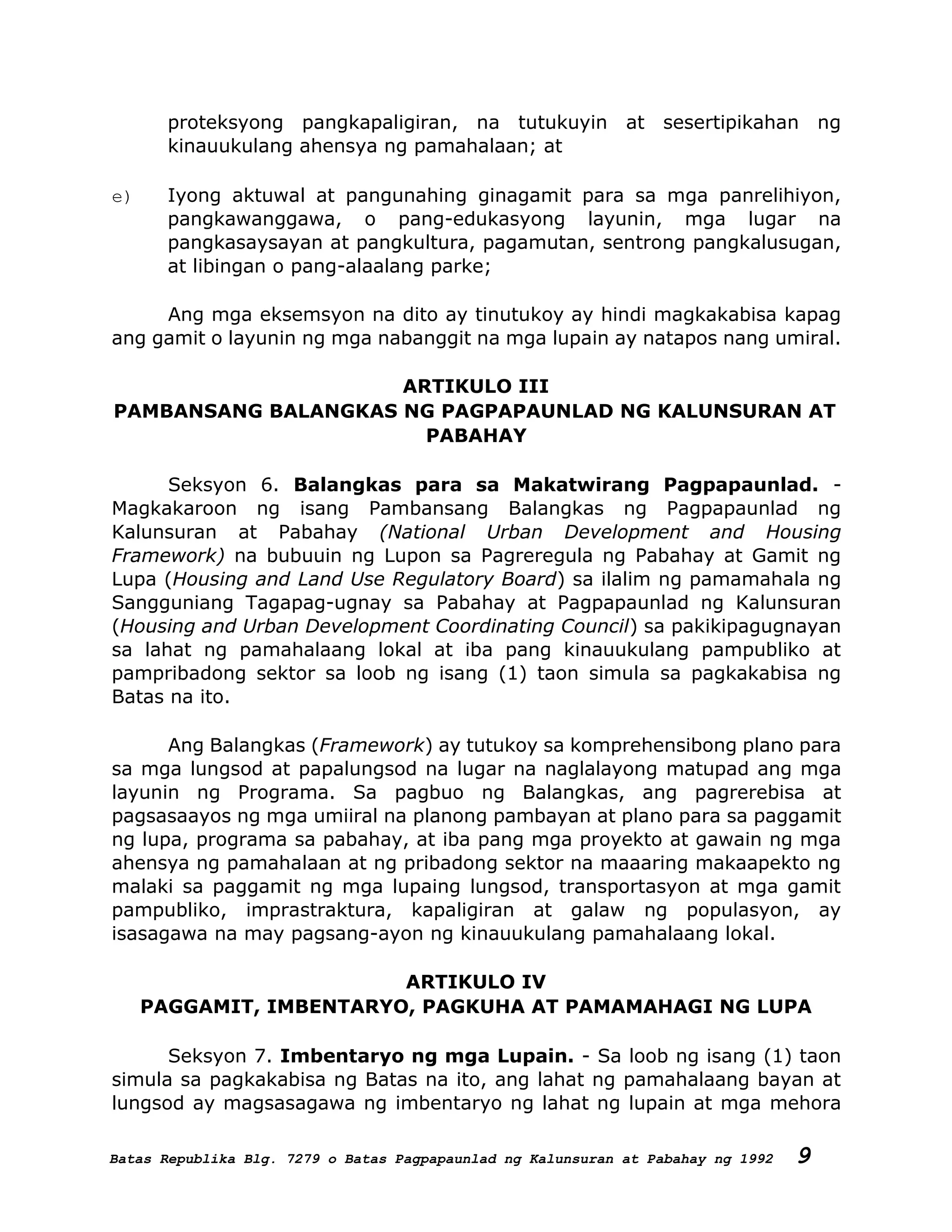 Batas Republika Blg. 7279, na huling sinusugan ng Batas Republika Blg ...