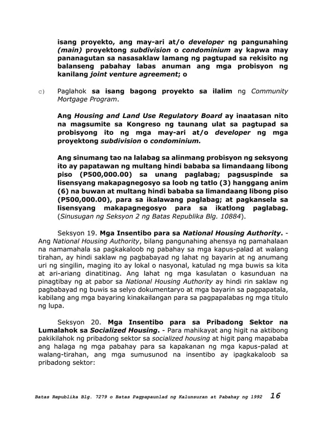 Batas Republika Blg. 7279, na huling sinusugan ng Batas Republika Blg ...