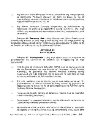 Batas Republika Blg. 7279, na huling sinusugan ng Batas Republika Blg. 10884 (2016) - Isinalin ...