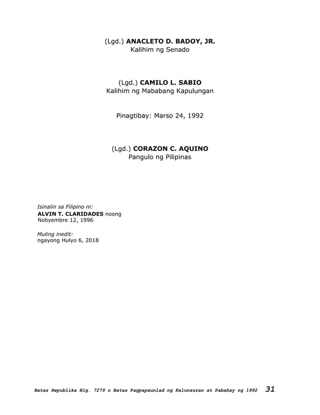 Batas Republika Blg. 7279, na huling sinusugan ng Batas Republika Blg ...