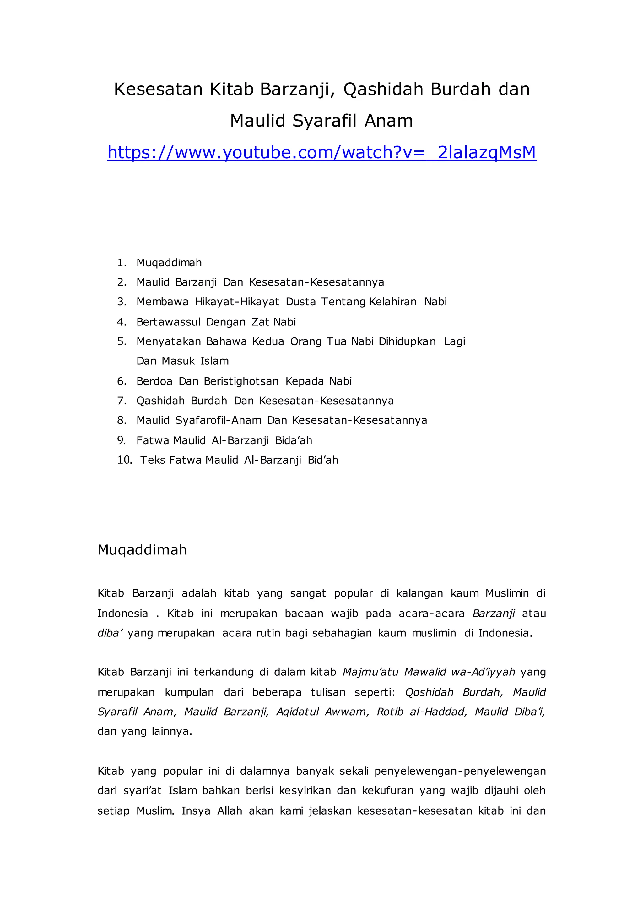 kesesatan kitab barzanji, qashidah burdah dan maulid syarafil anam | DOCX