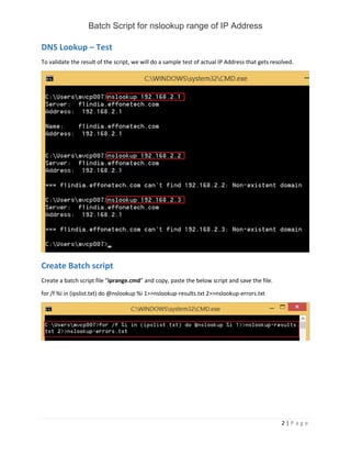 Batch script for nslookup range of ip address | PDF