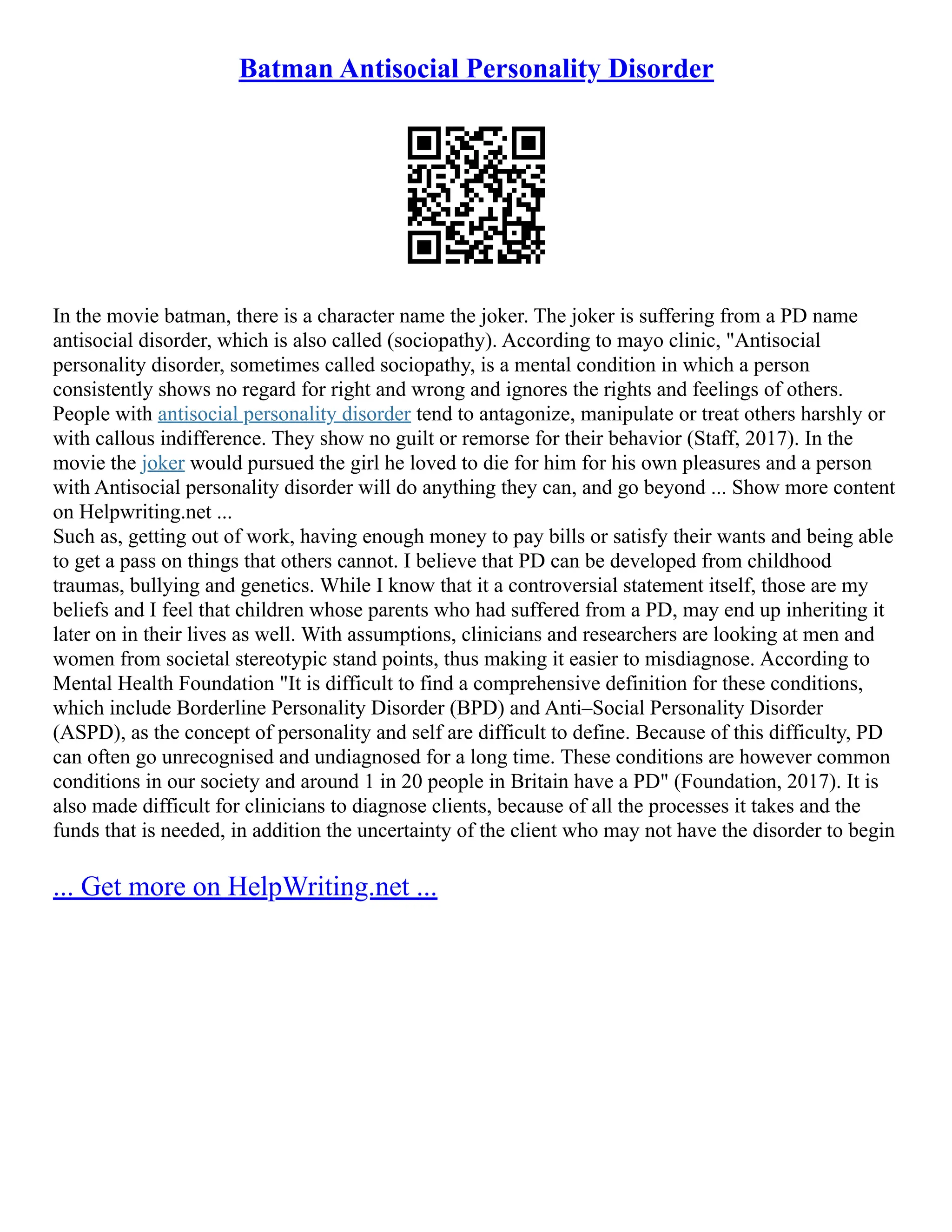 Batman Antisocial Personality Disorder | PDF