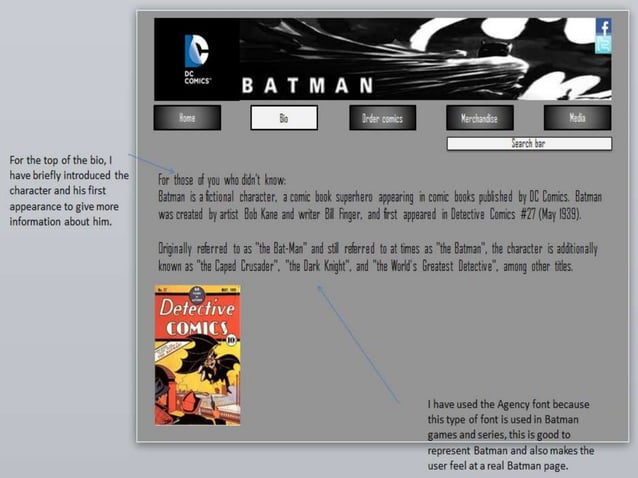 Batman website design with annotations | PPT