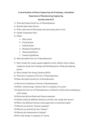 BASIC AND APPLIED THERMODYNAMICS question bank | PDF
