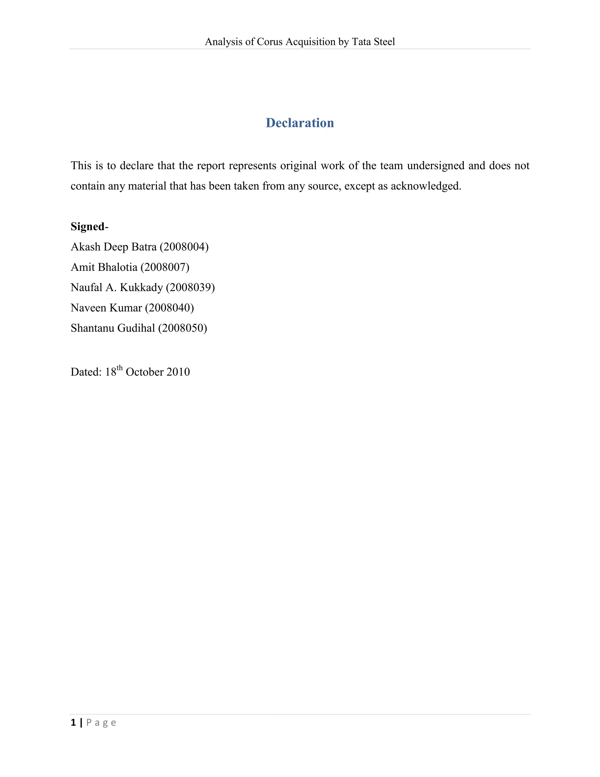 Analysis of corus acquisition by tata steel | PDF