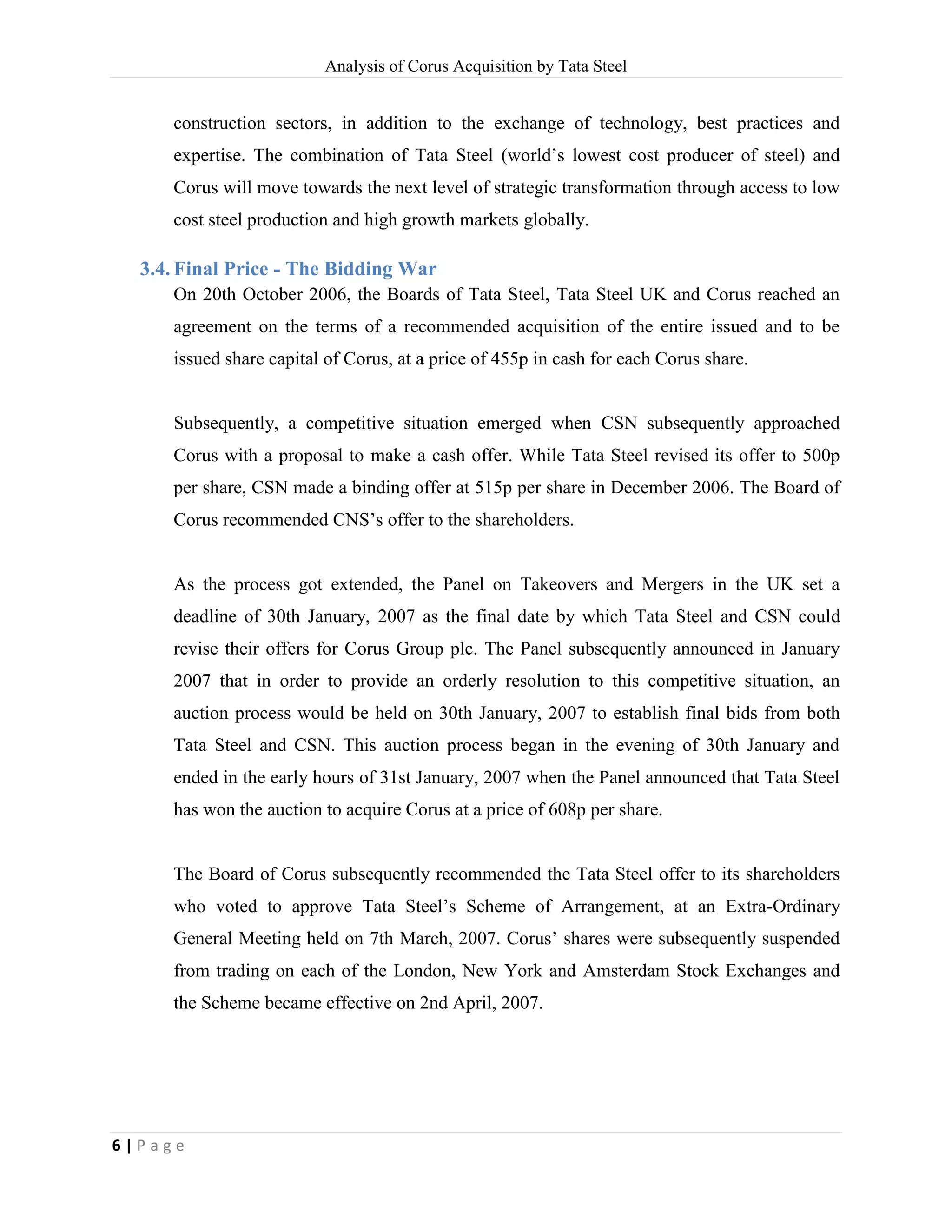 Analysis of corus acquisition by tata steel | PDF