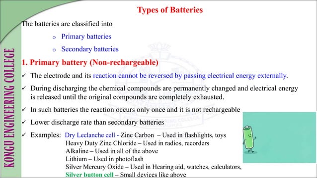 Primary and Secondary Batteries with example.pptx | Chemistry | Science