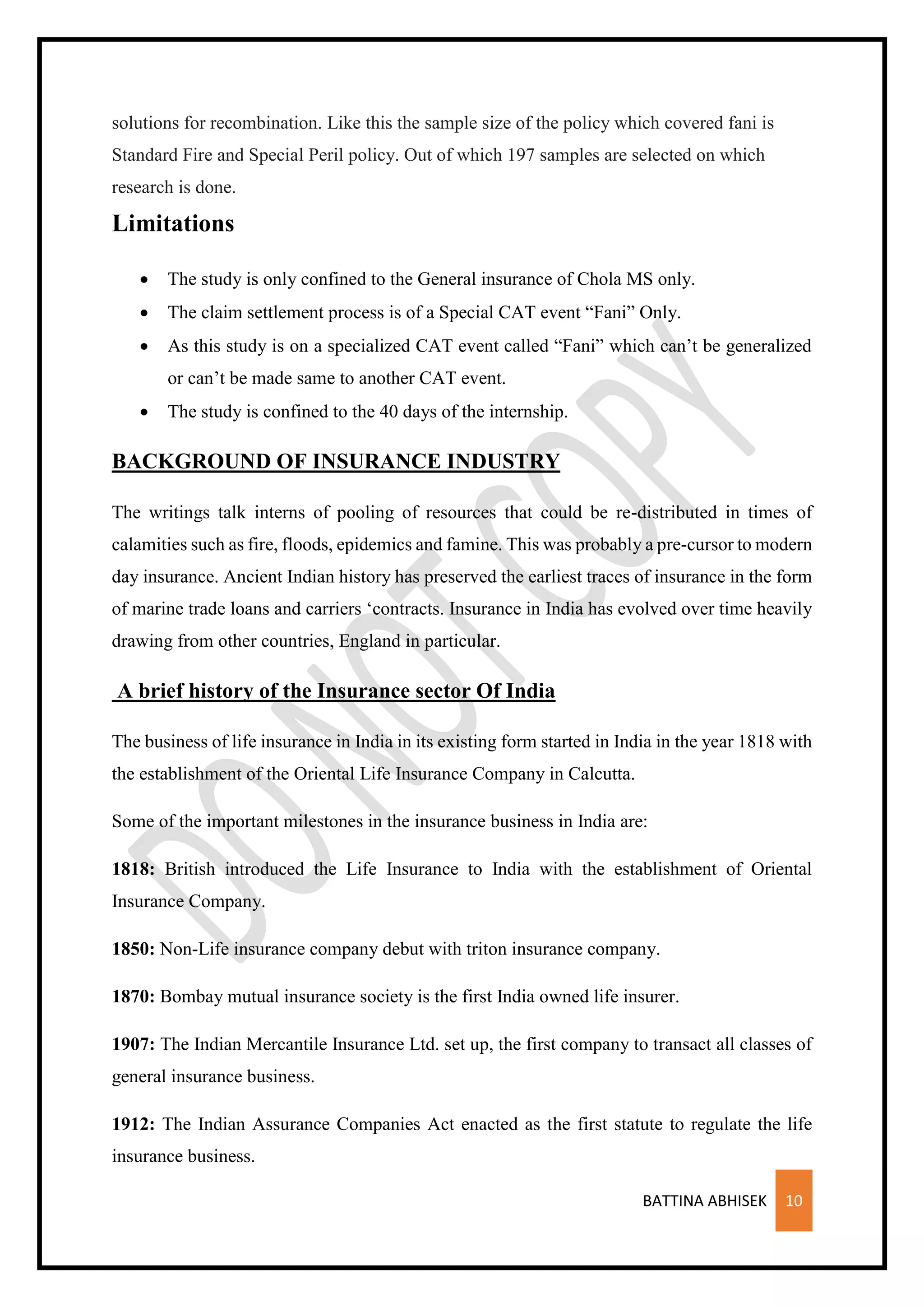 Summer Internship Project on Cholamandalam General Insurance | PDF