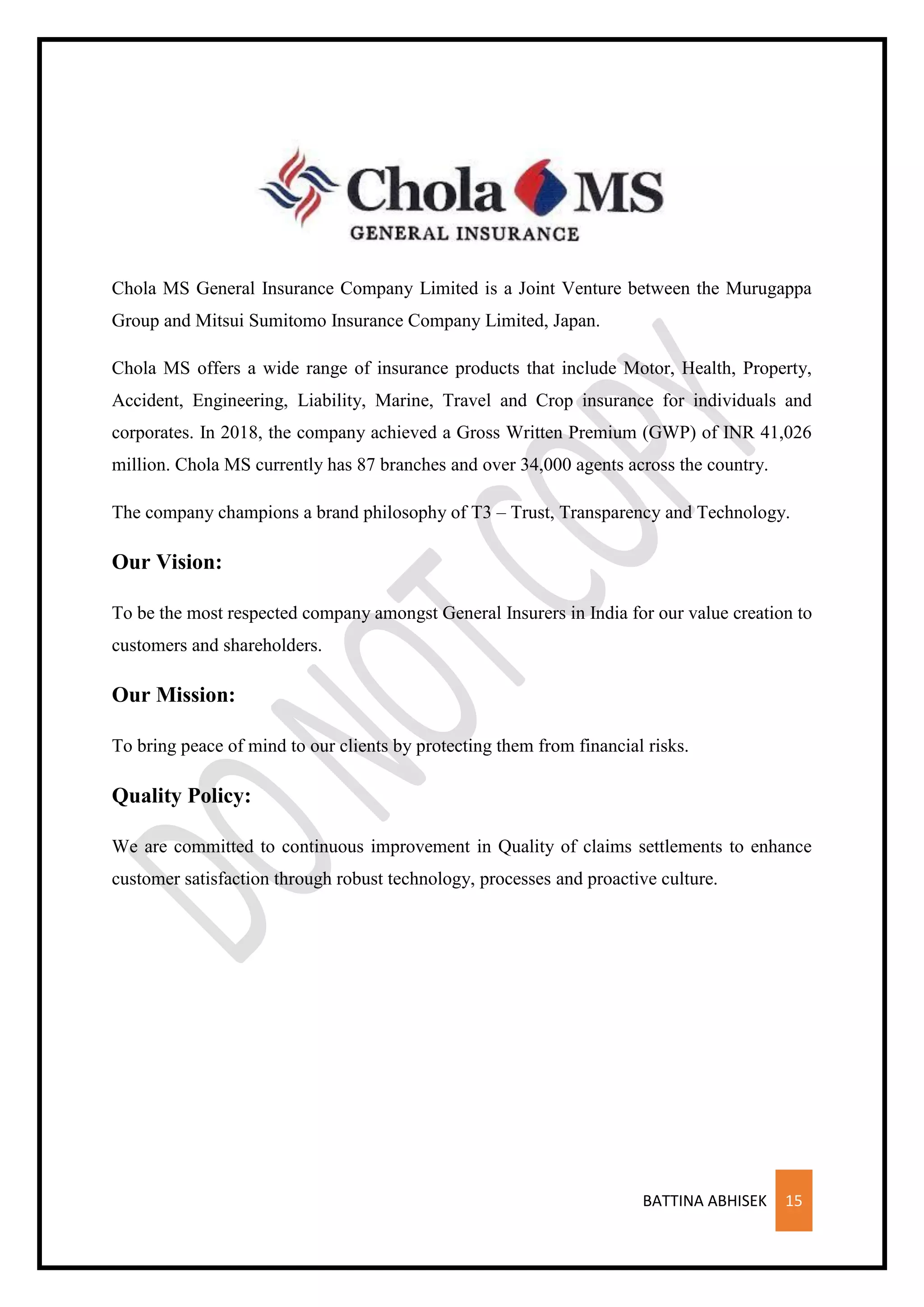 Summer Internship Project on Cholamandalam General Insurance | PDF ...