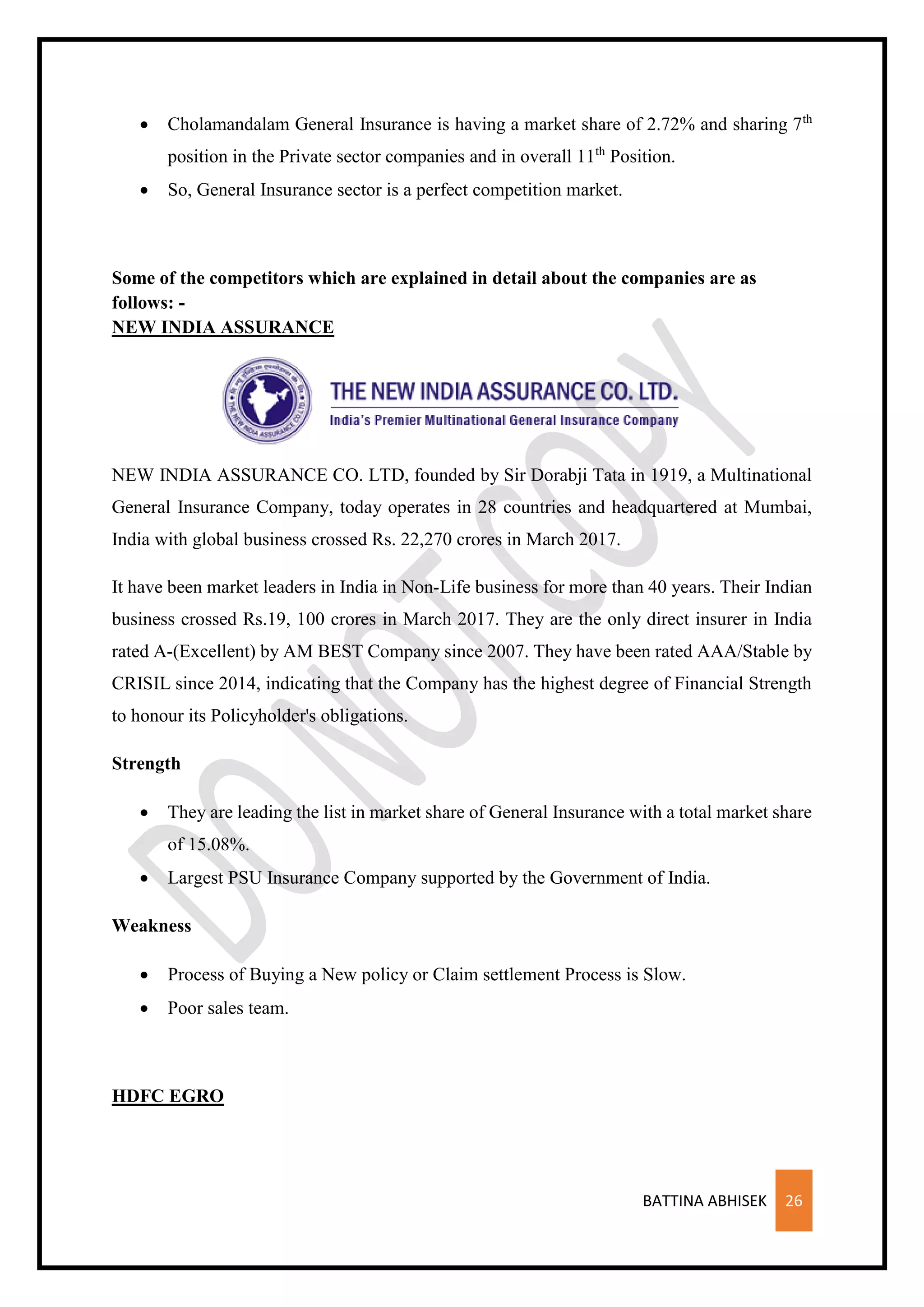 Summer Internship Project on Cholamandalam General Insurance | PDF ...