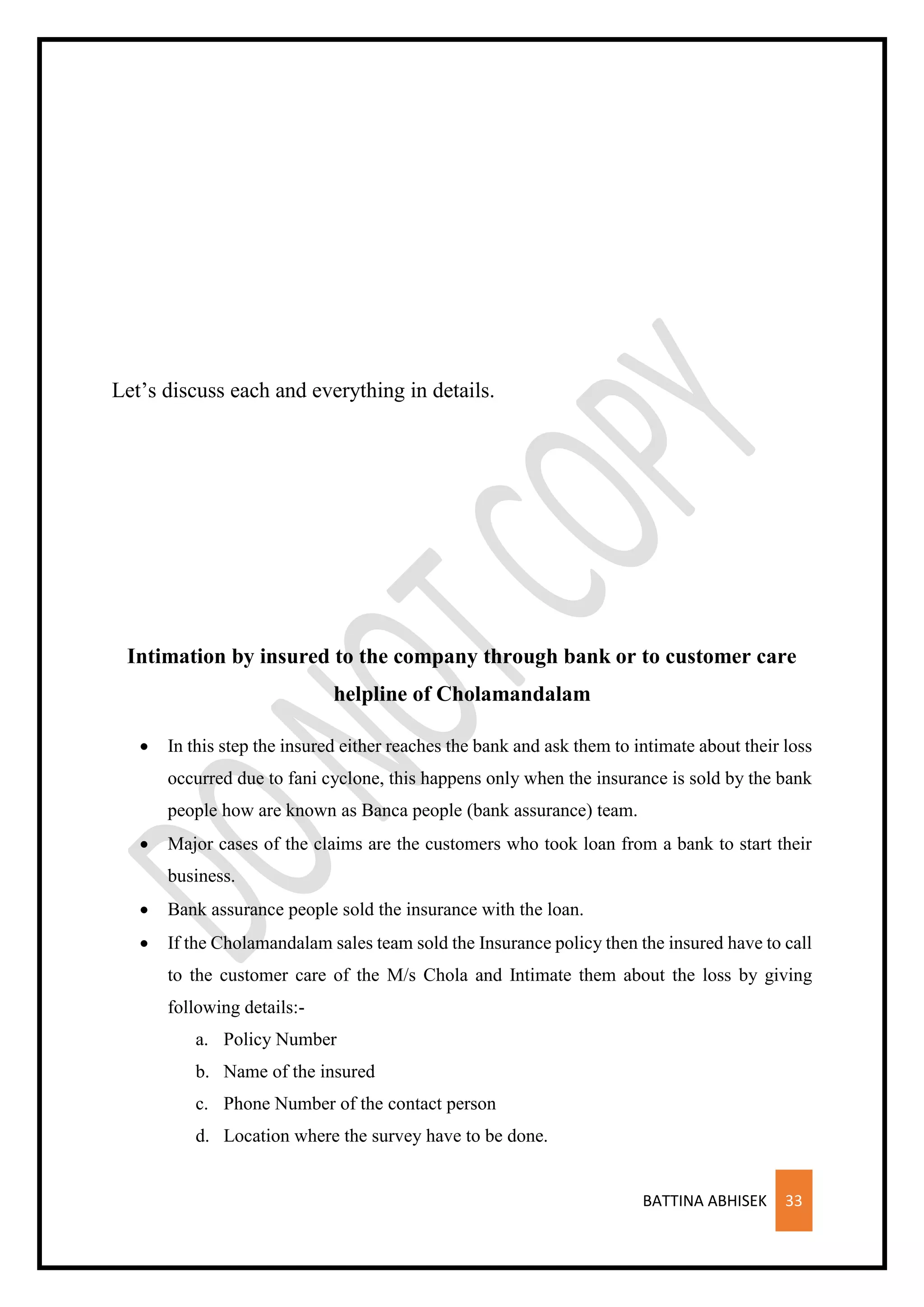 Summer Internship Project on Cholamandalam General Insurance | PDF