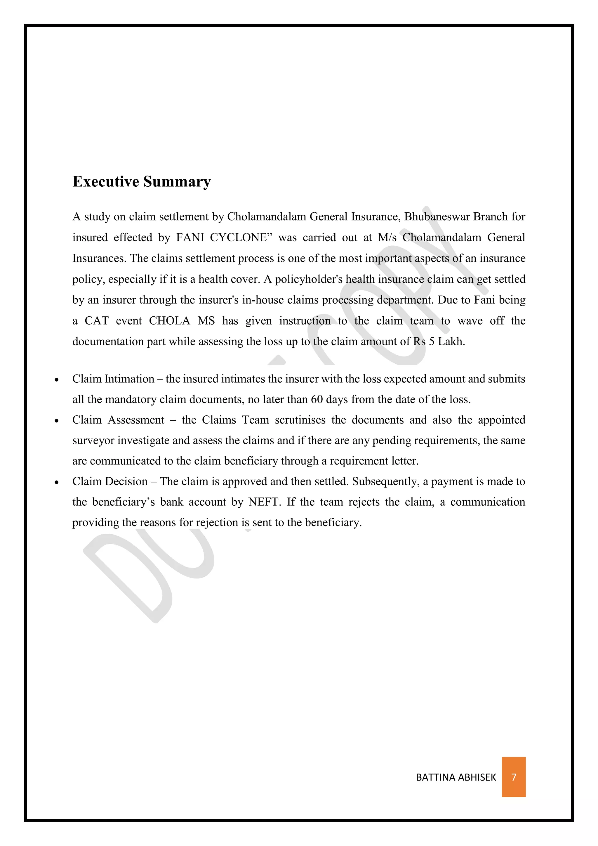 Summer Internship Project on Cholamandalam General Insurance | PDF