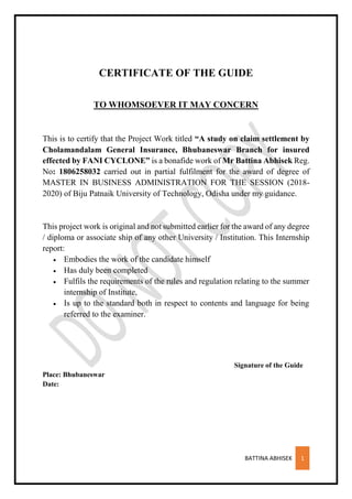 Summer Internship Project on Cholamandalam General Insurance | PDF