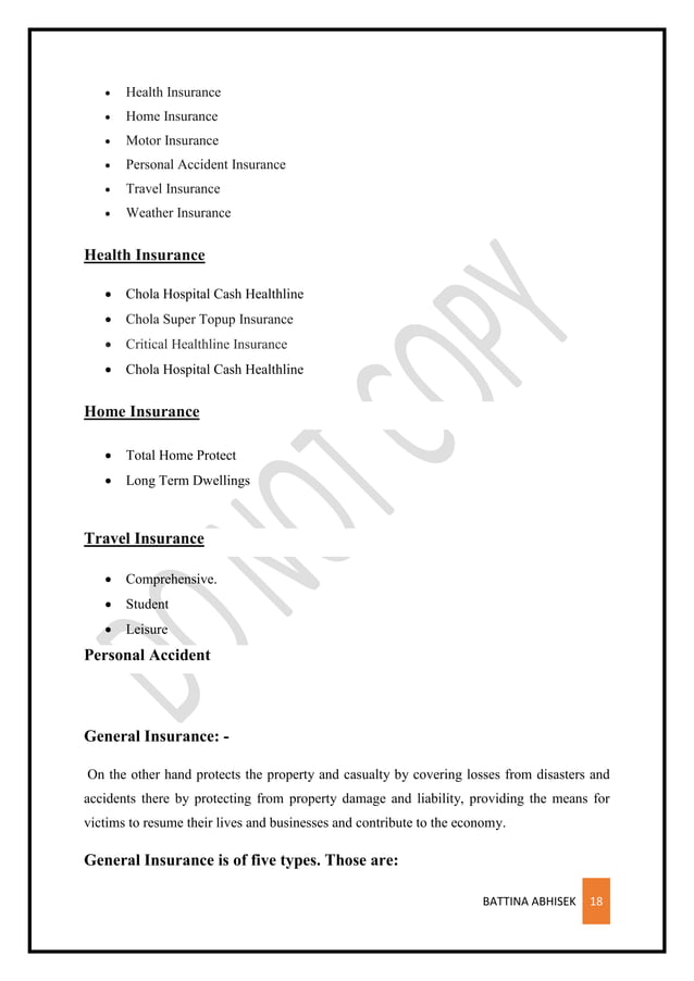 Summer Internship Project on Cholamandalam General Insurance | PDF ...