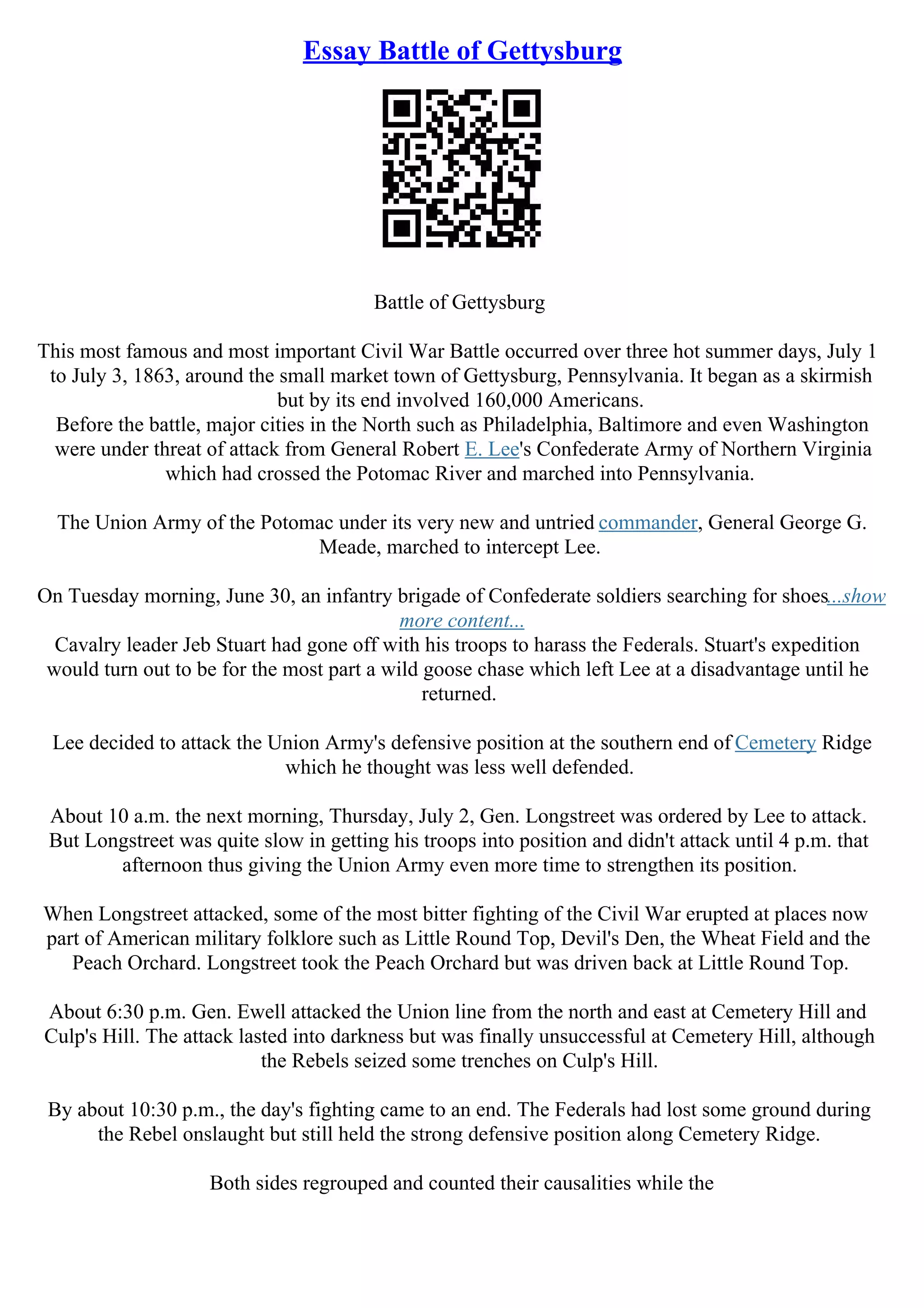 Battle Of Gettysburg Essay | PDF