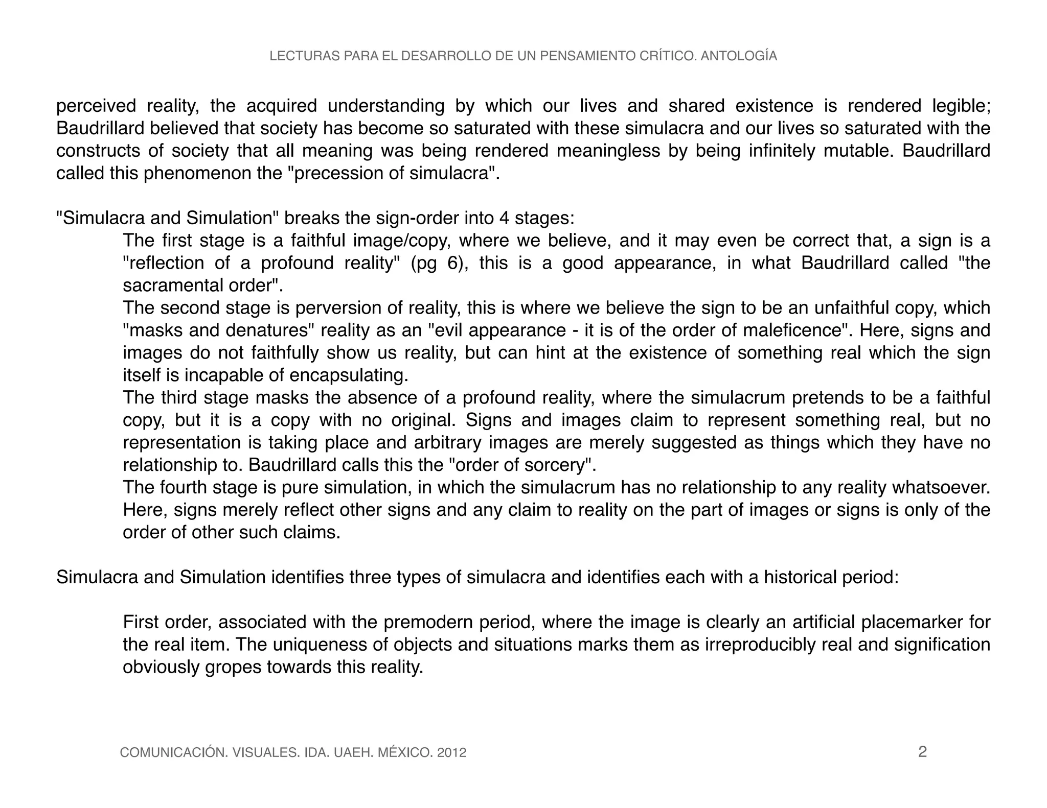 Baudrillard simulacra and simulation | PDF