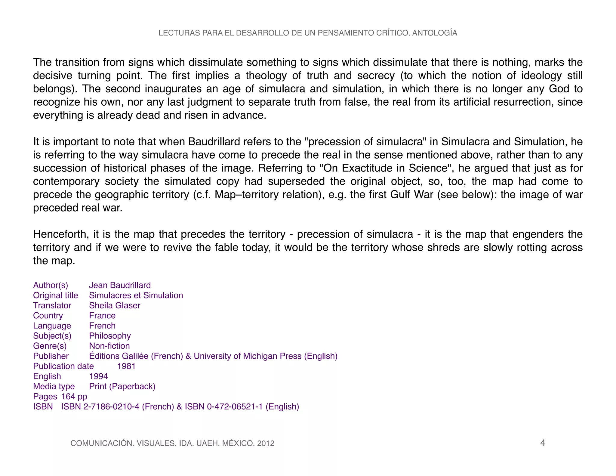 Baudrillard simulacra and simulation | PDF