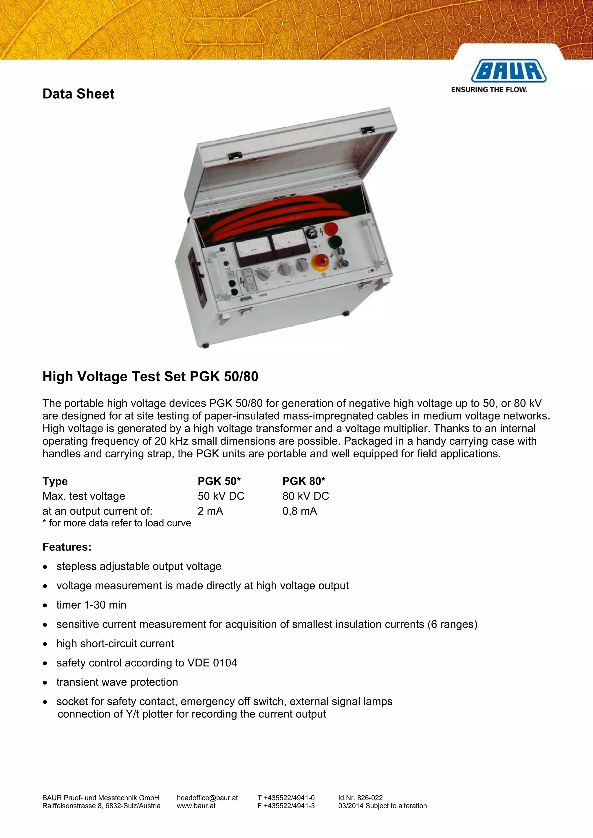 Baur DC High Voltage Test Devices PGK 50/80 - High Voltage Test Sets ...