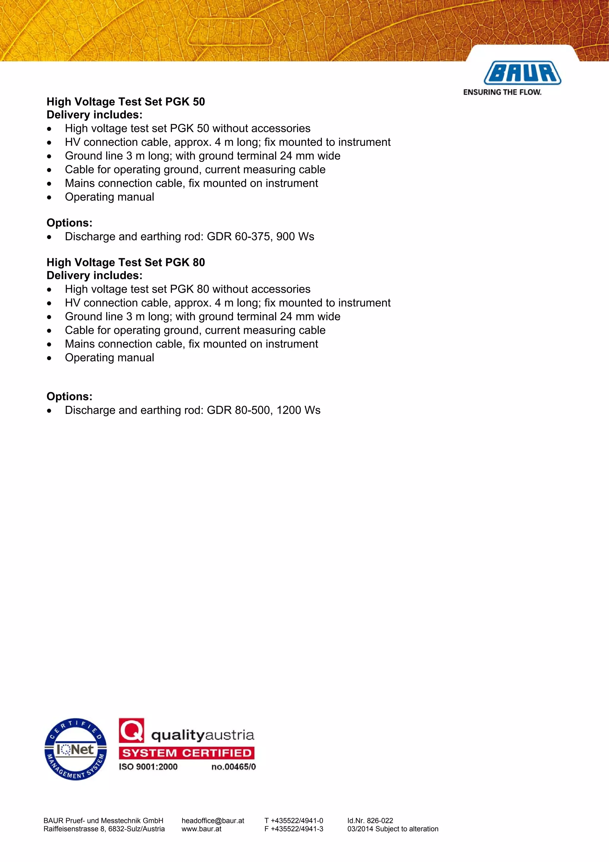 Baur DC High Voltage Test Devices PGK 50/80 - High Voltage Test Sets ...