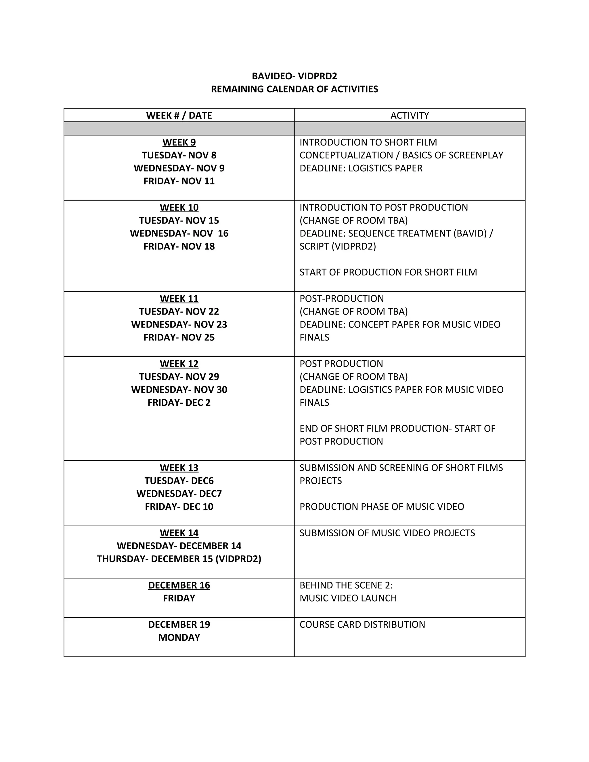 Bavideo remaining calendar of activities | DOC