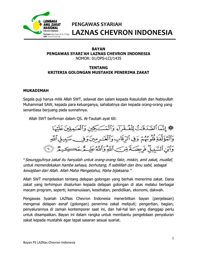 Bayan Dewan Pengawas Syariah LAZNas Chevron Indonesia | PDF
