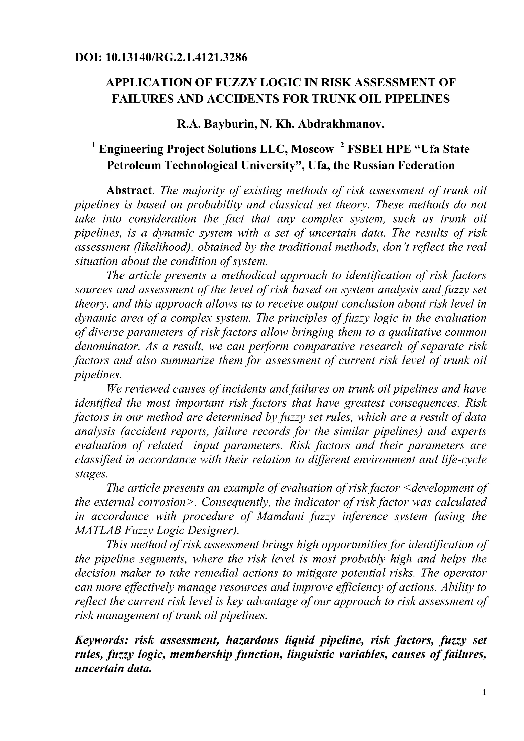 APPLICATION OF FUZZY LOGIC IN RISK ASSESSMENT OF FAILURES AND ACCIDENTS FOR TRUNK OIL PIPELINES ...