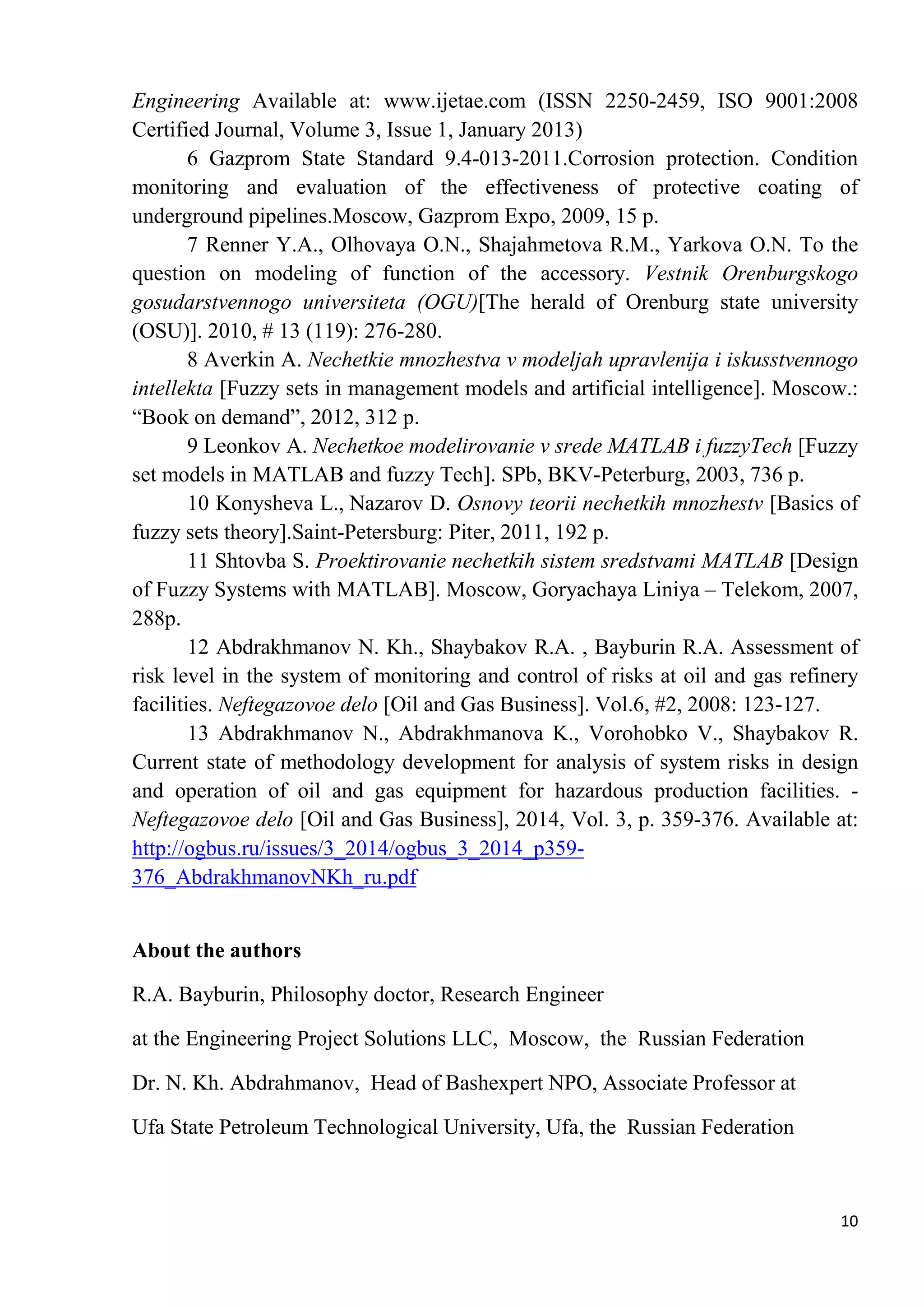 APPLICATION OF FUZZY LOGIC IN RISK ASSESSMENT OF FAILURES AND ACCIDENTS FOR TRUNK OIL PIPELINES ...