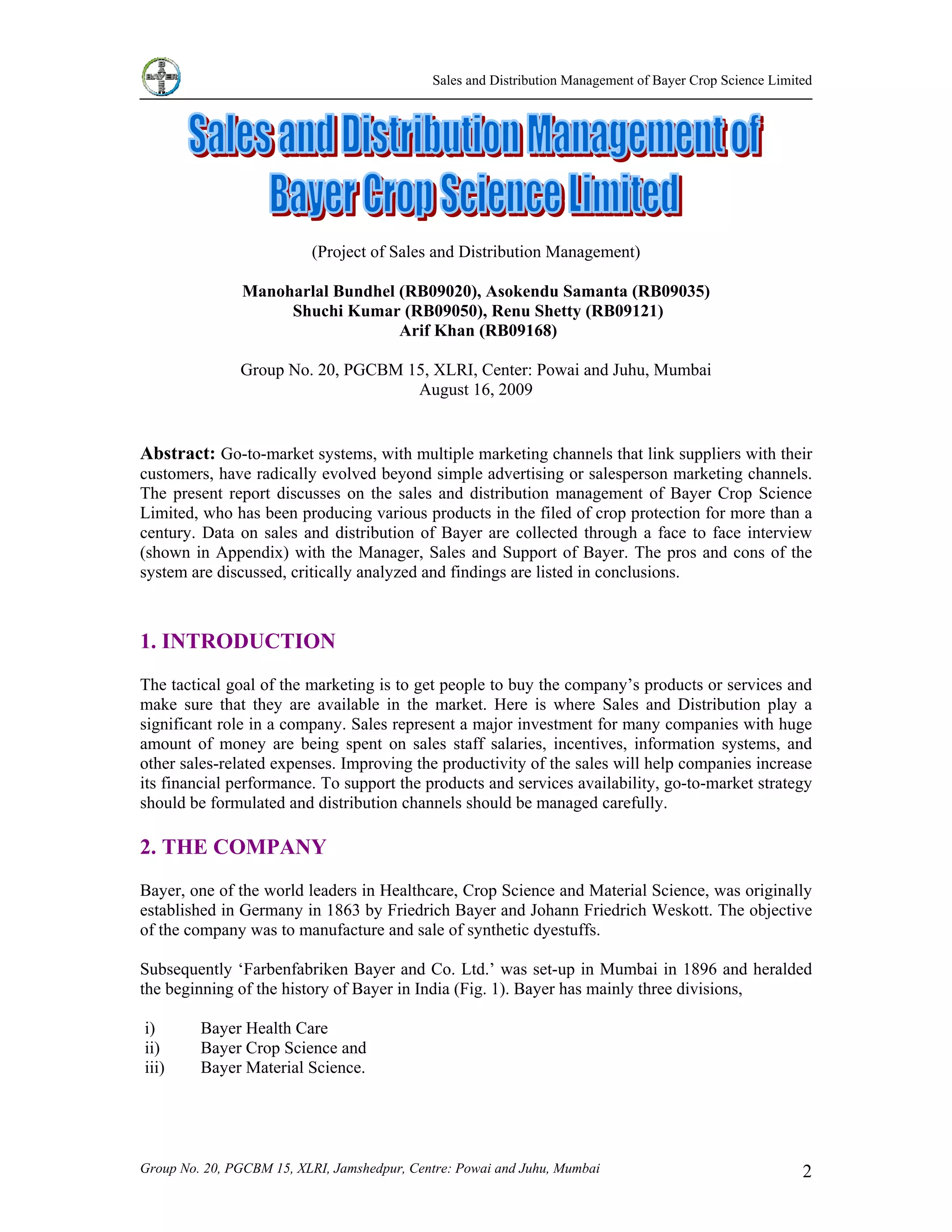 Sales and Distribution Management of Bayer Crop Science Limited | PDF