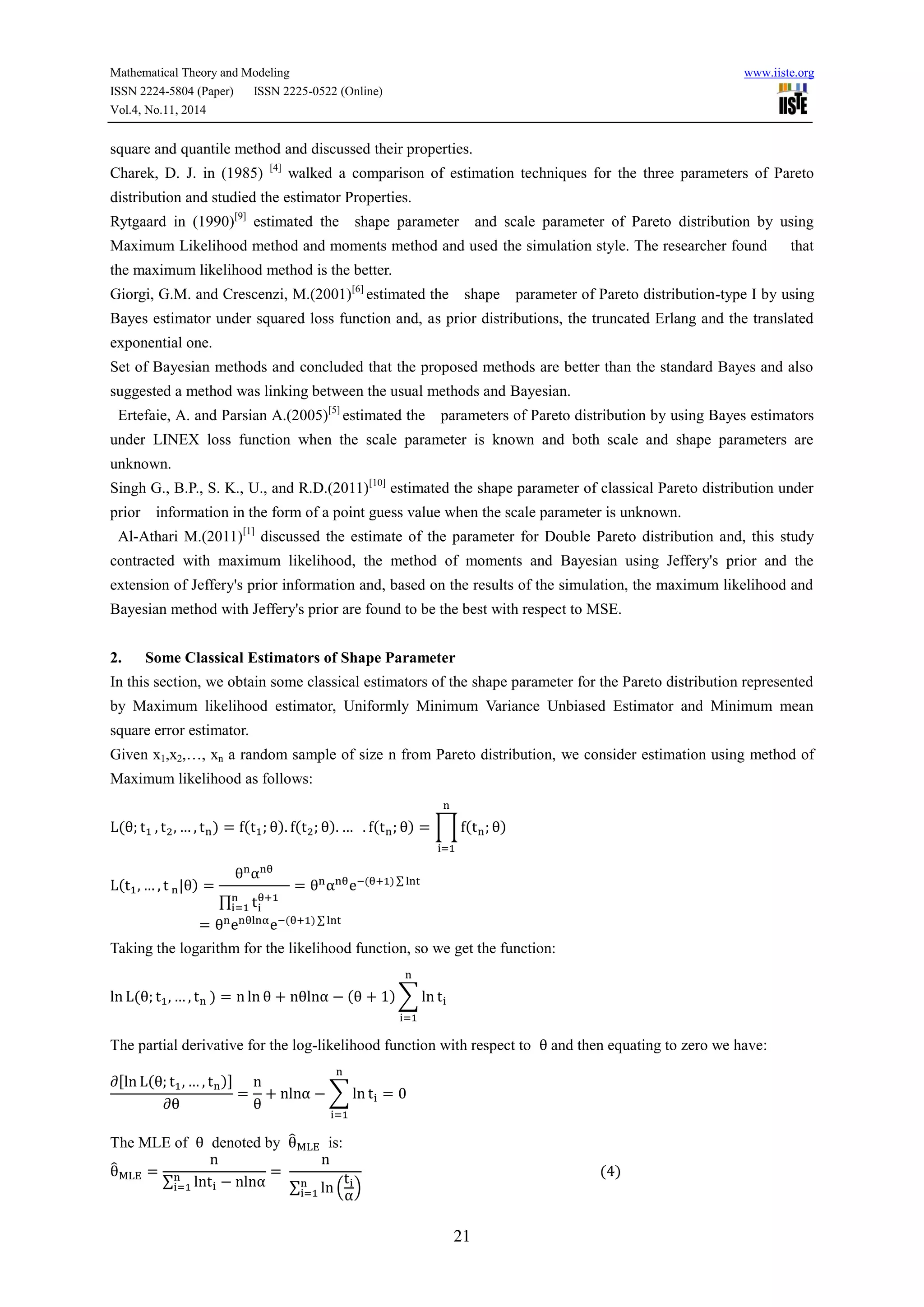 Bayes estimators for the shape parameter of pareto type i | PDF