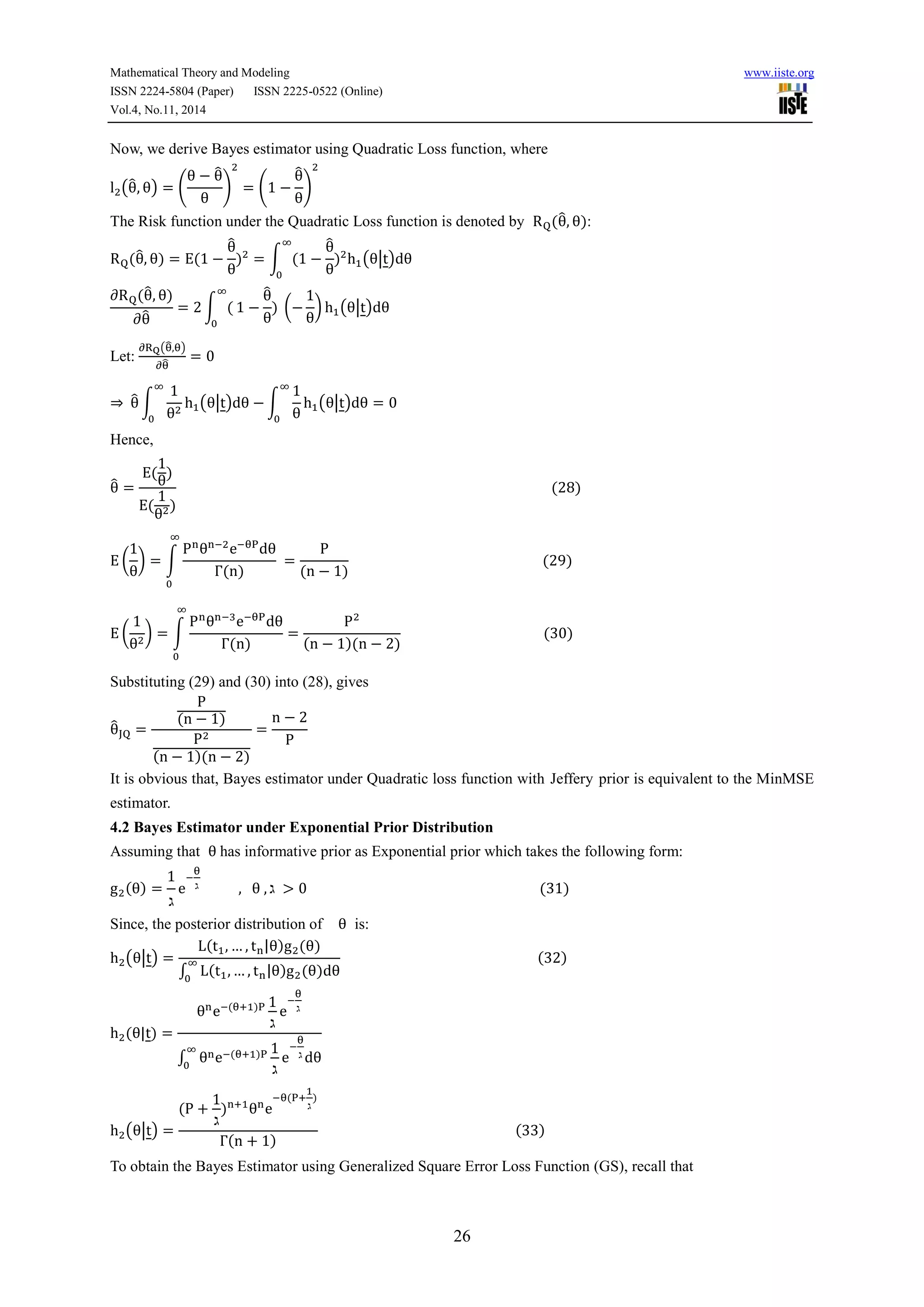Bayes estimators for the shape parameter of pareto type i | PDF