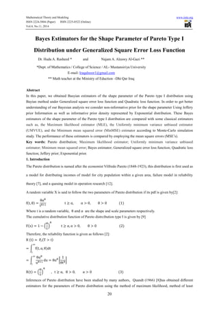 Bayes estimators for the shape parameter of pareto type i | PDF | Business Accounting & Finance ...