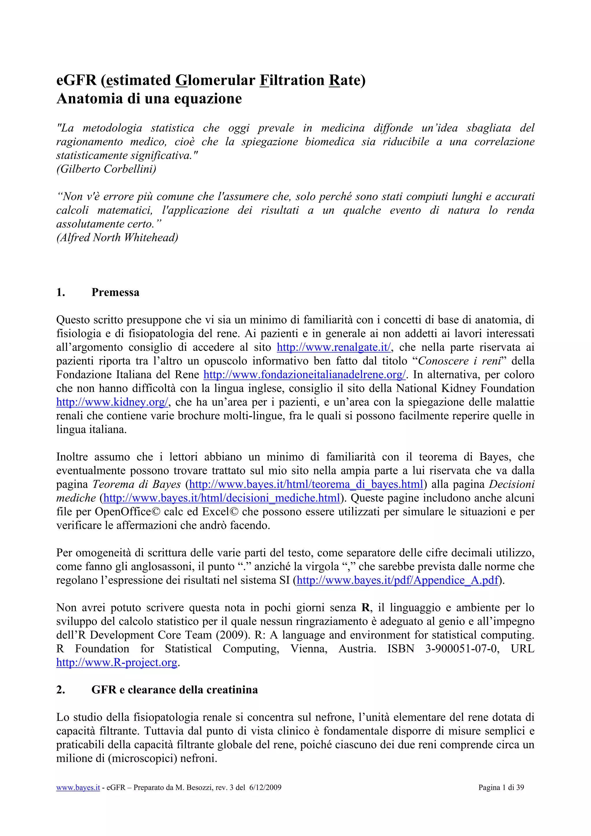 eGFR (estimated Glomerular Filtration Rate) Anatomia di una equazione | PDF