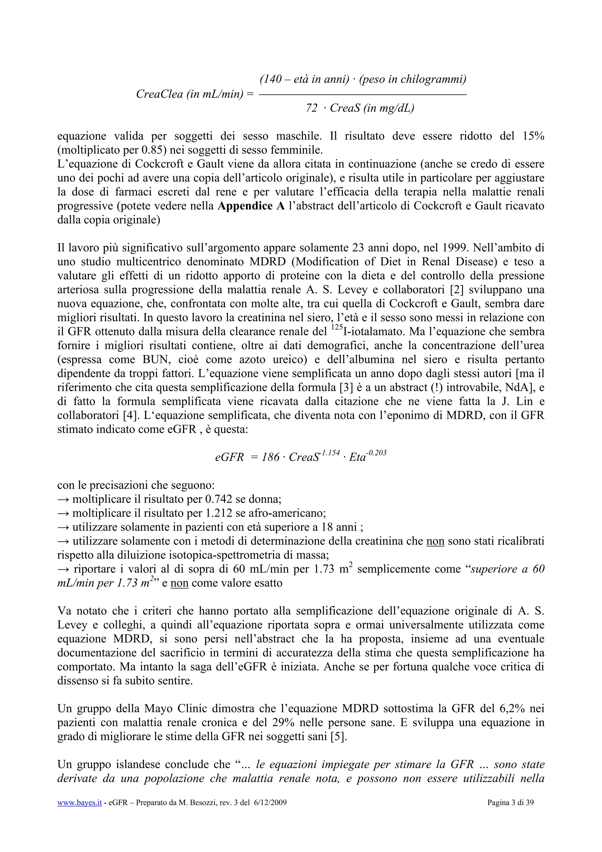 eGFR (estimated Glomerular Filtration Rate) Anatomia di una equazione | PDF
