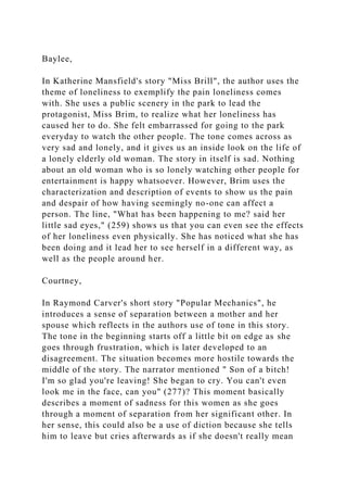 Baylee,In Katherine Mansfields story Miss Brill, the author u.docx