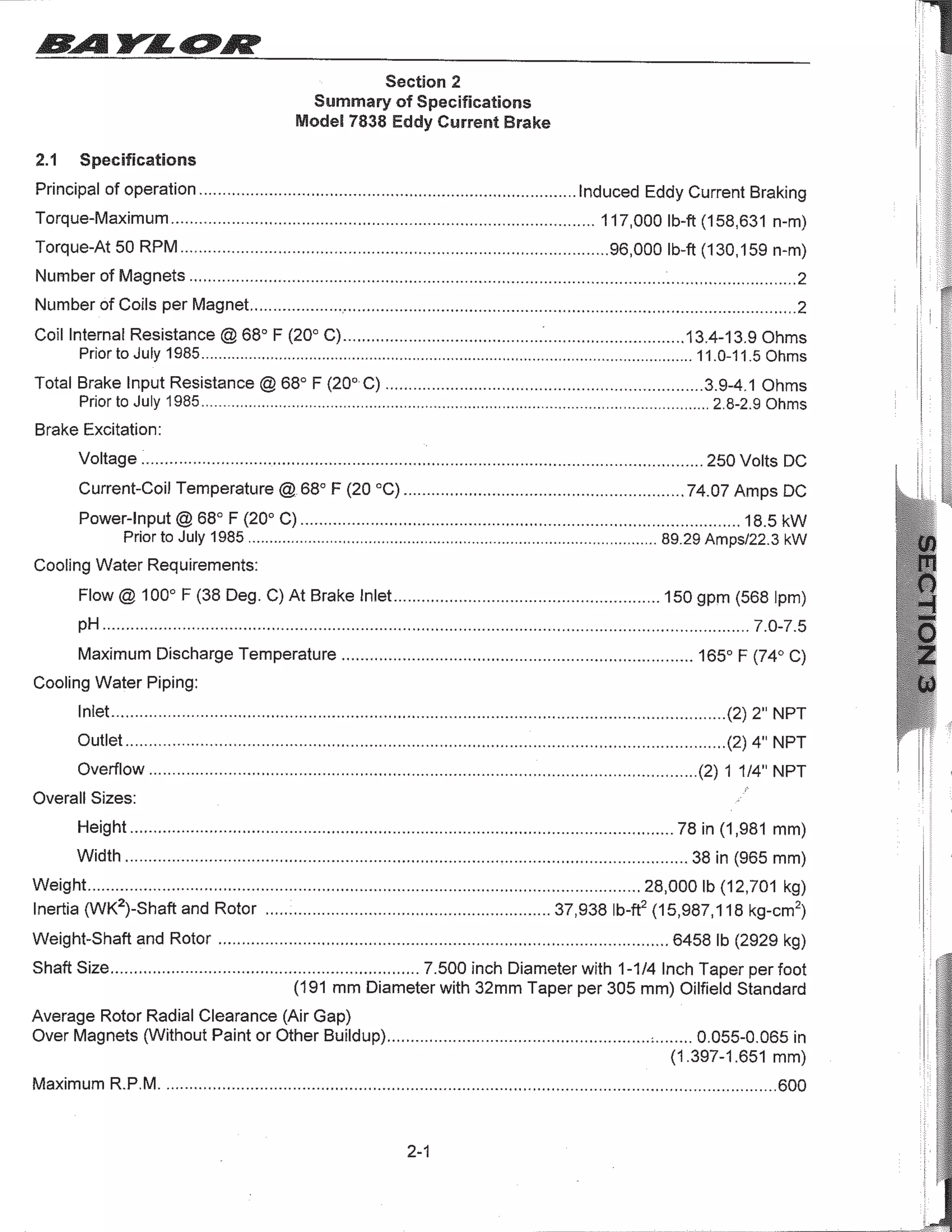 Baylor Elmagco Eddy Current Brake, Model 7838 Installation, Operation ...