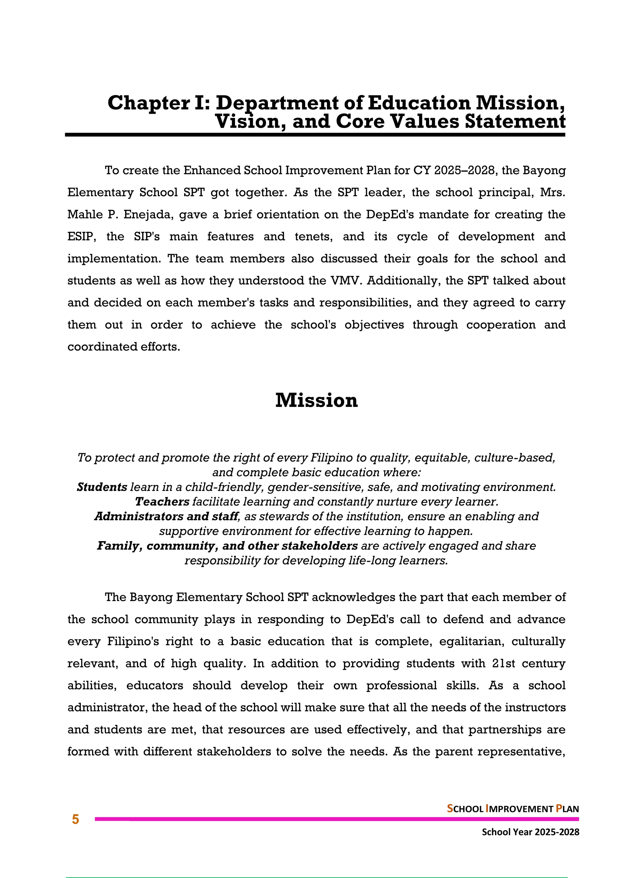 BAYONG ELEMENTARY SCHOOL (SCHOOL IMPROVEMENT PLAN 2025-2028) | PDF