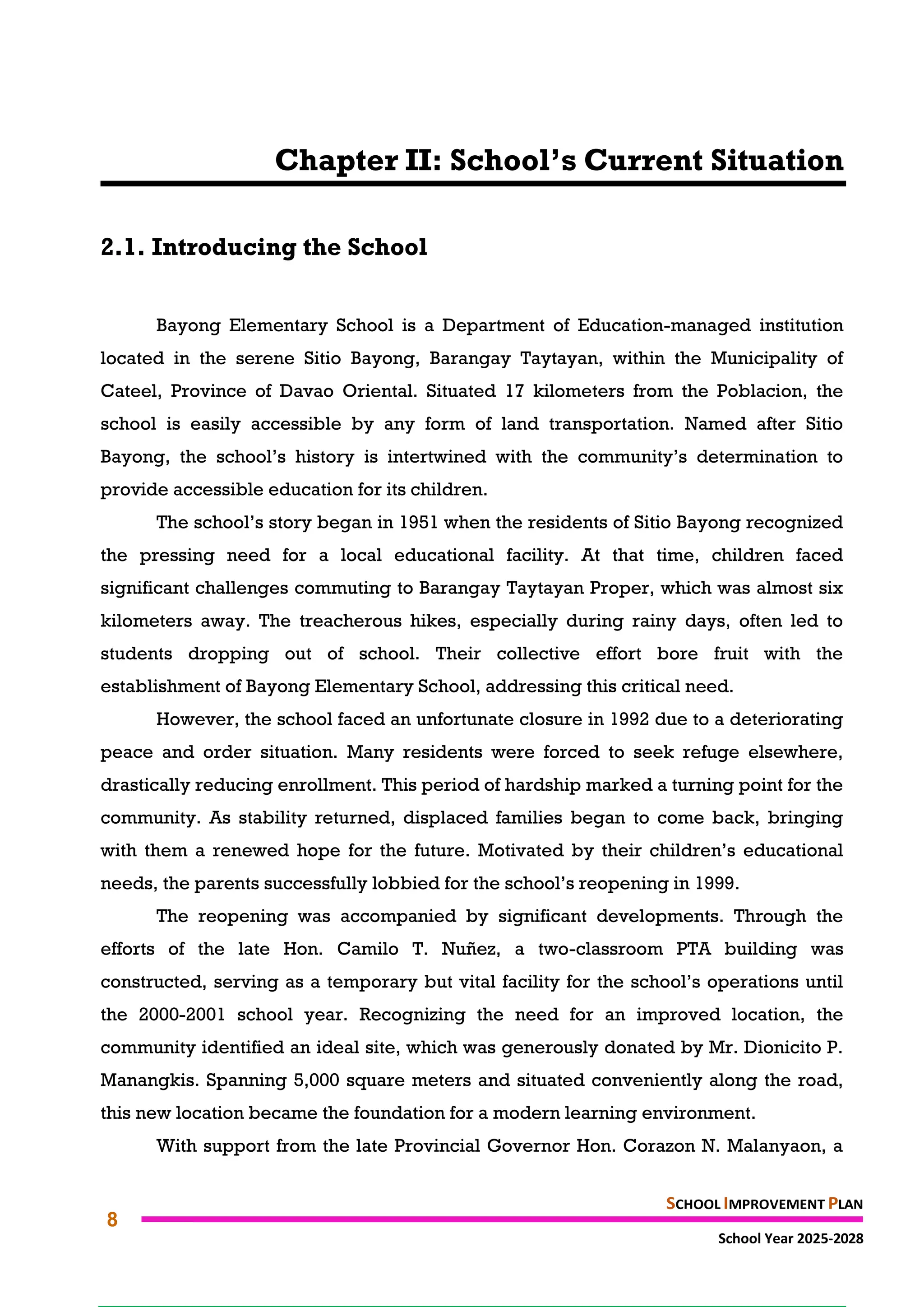 BAYONG ELEMENTARY SCHOOL (SCHOOL IMPROVEMENT PLAN 2025-2028) | PDF