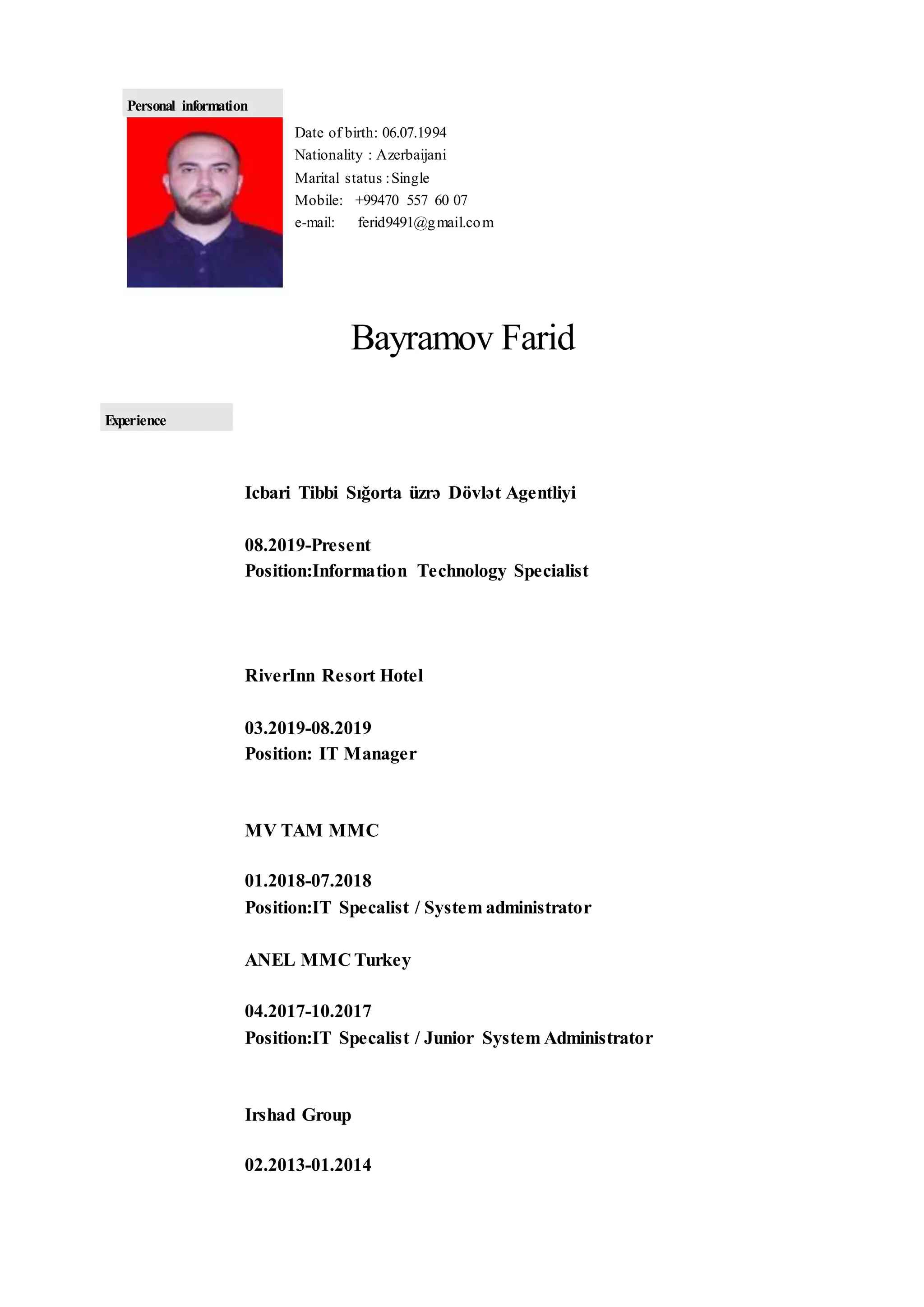 Bayramov Farid Resume | DOC | Internet | Computing