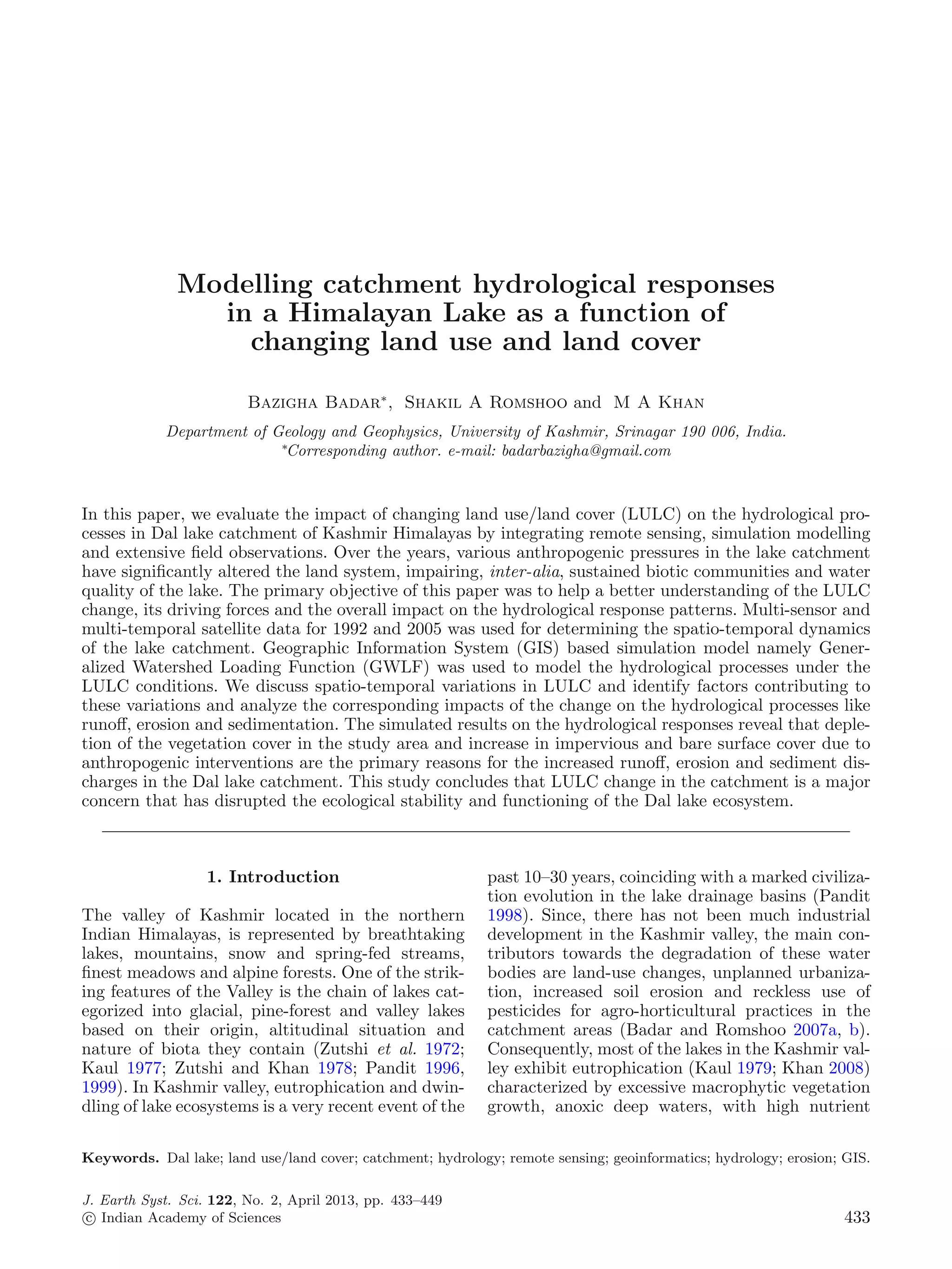 Modeling the Hydrology of Dal Lake | PDF