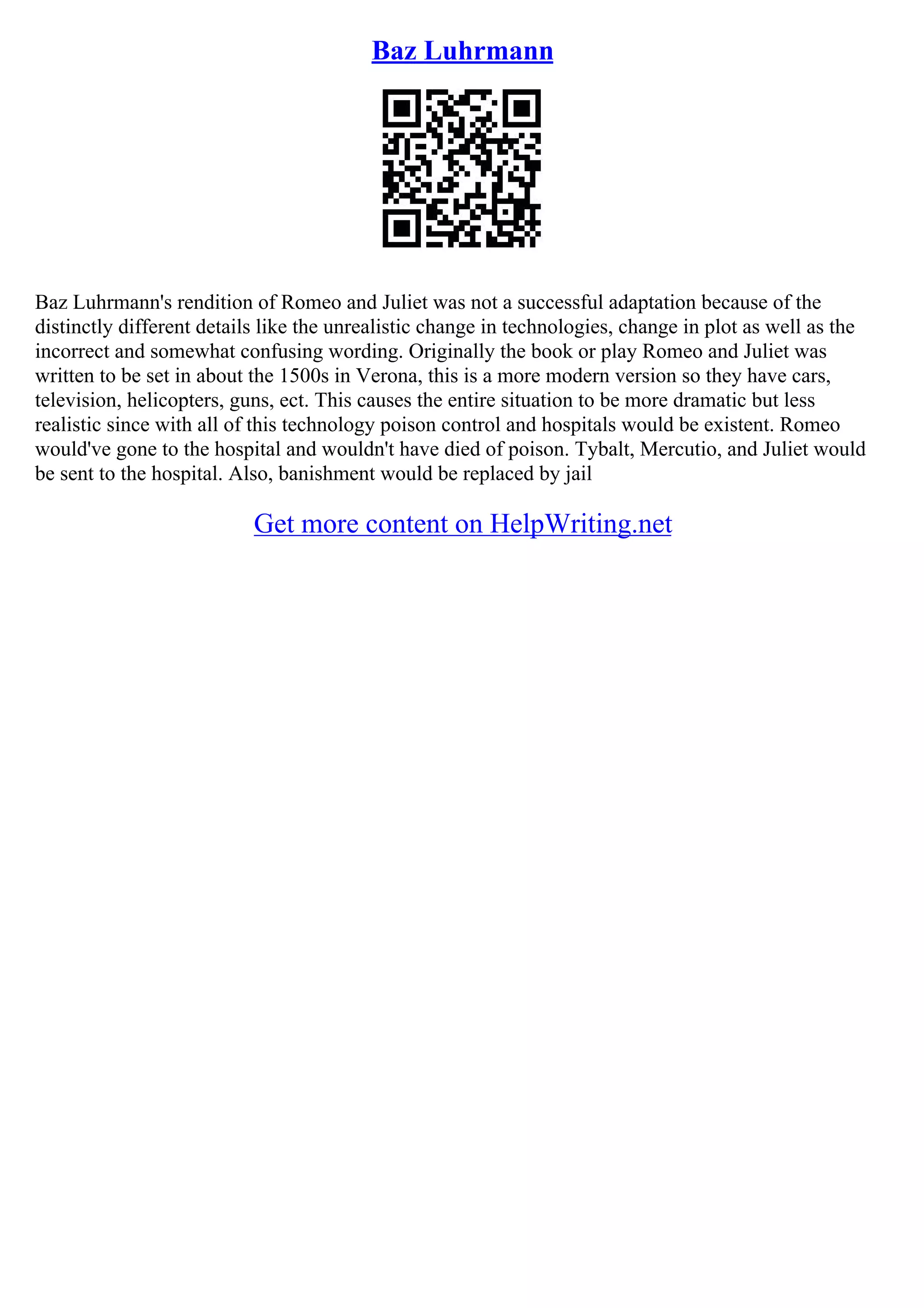 Baz Luhrmann Romeo And Juliet Essay | PDF