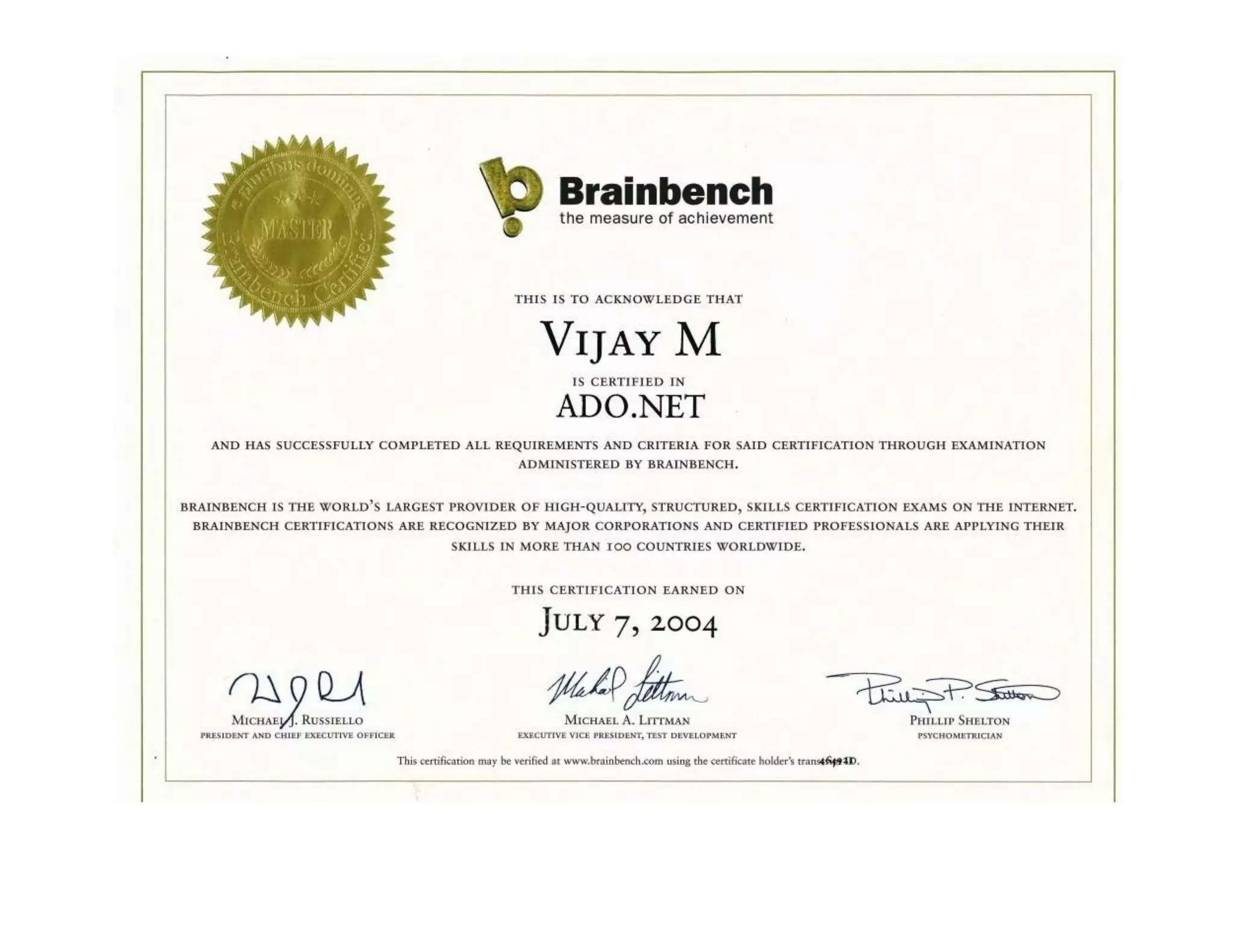 Brainbench Master certificate | PPT