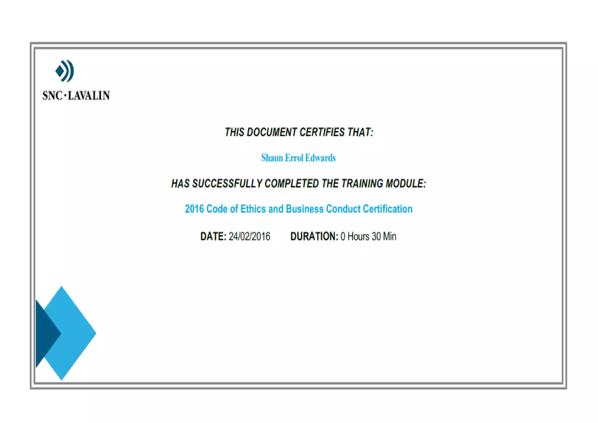 2016 Code Of Ethics and Bussiness Conduct Certificate | PDF | Business | Business and Finance