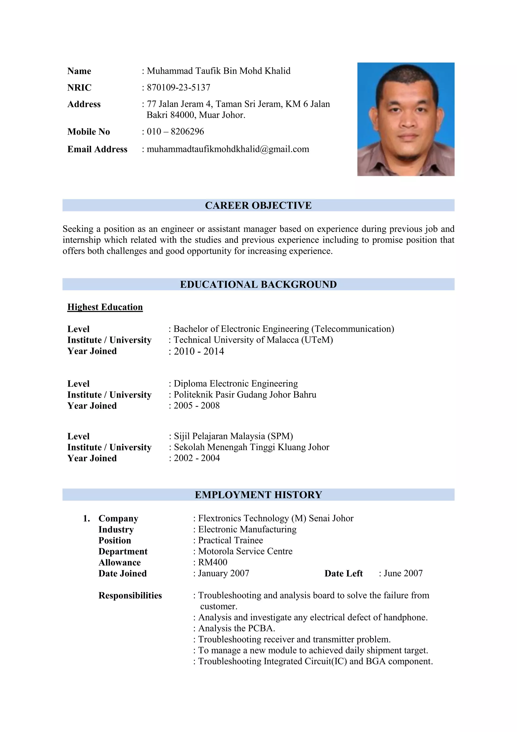 Muhammad Taufik Bin Mohd Khalid resume | PDF