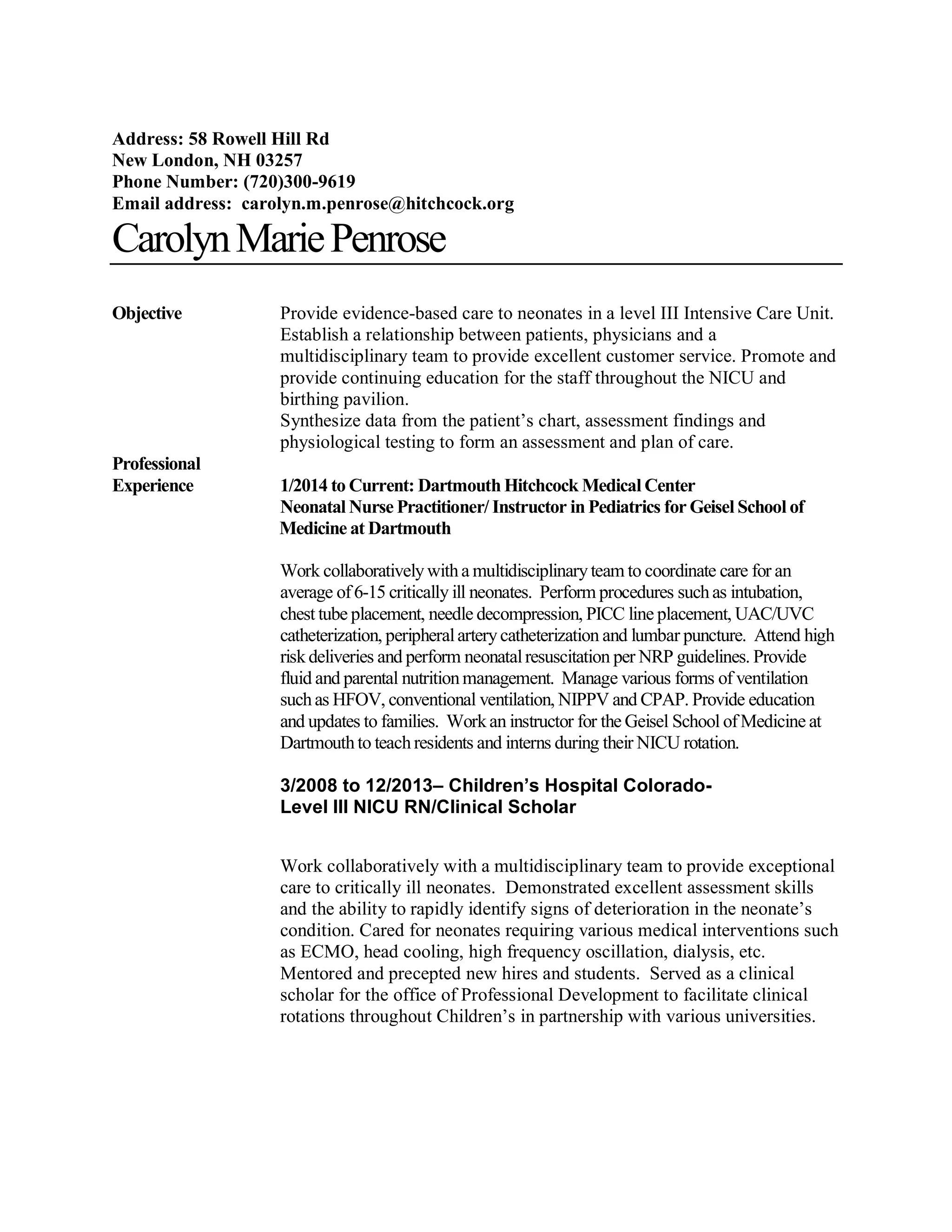 Carolyn Penrose NNP resume | PDF