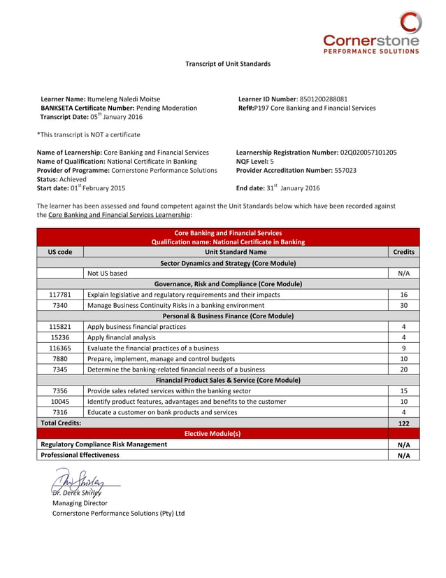 Transcript of Unit Standards Itumeleng Moitse | PDF
